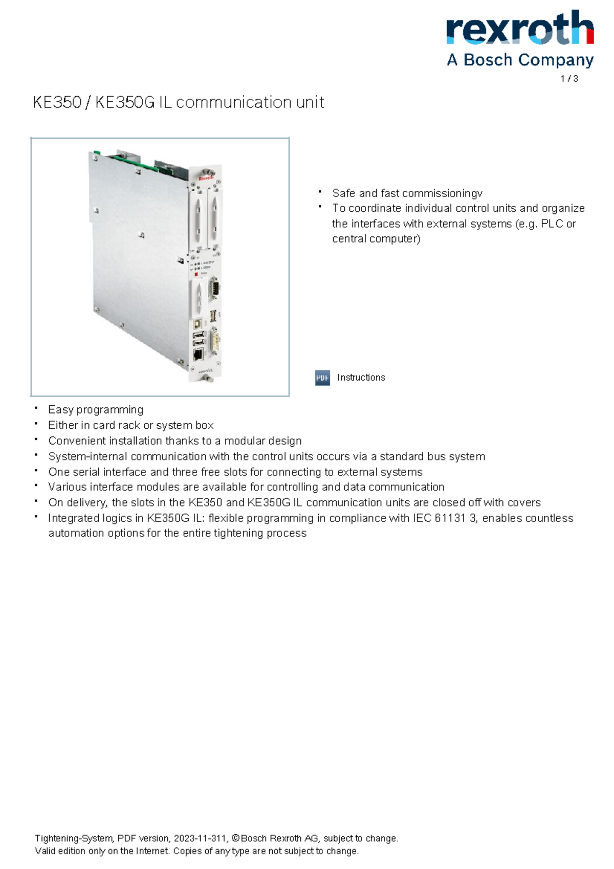 0608830265 si en - Manual - 1 / 3 KE350 / KE350G IL communication unit Instructions Safe and ...
