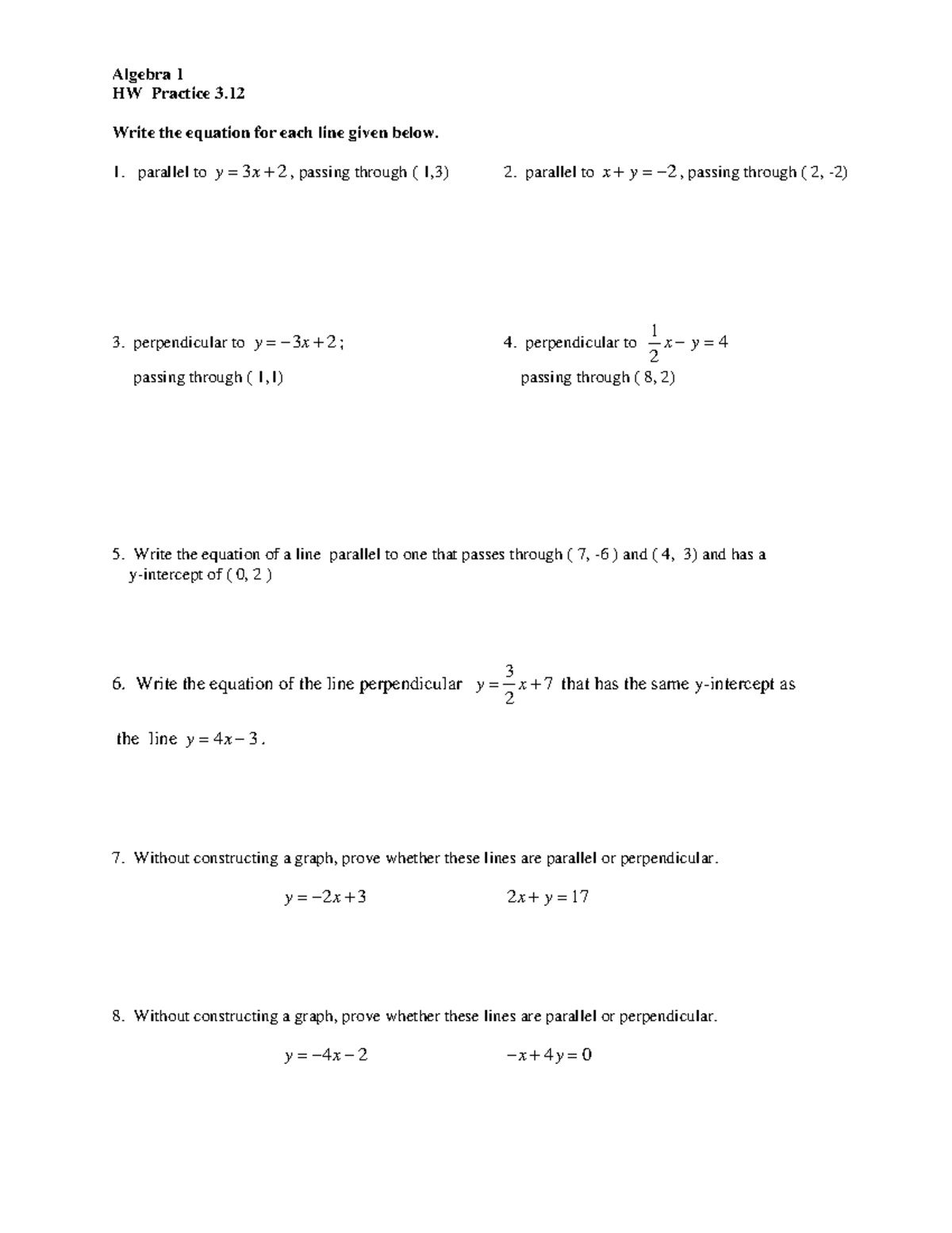 HW Practice 3 - The hw is easy and needs to be put out - Algebra 1 HW ...
