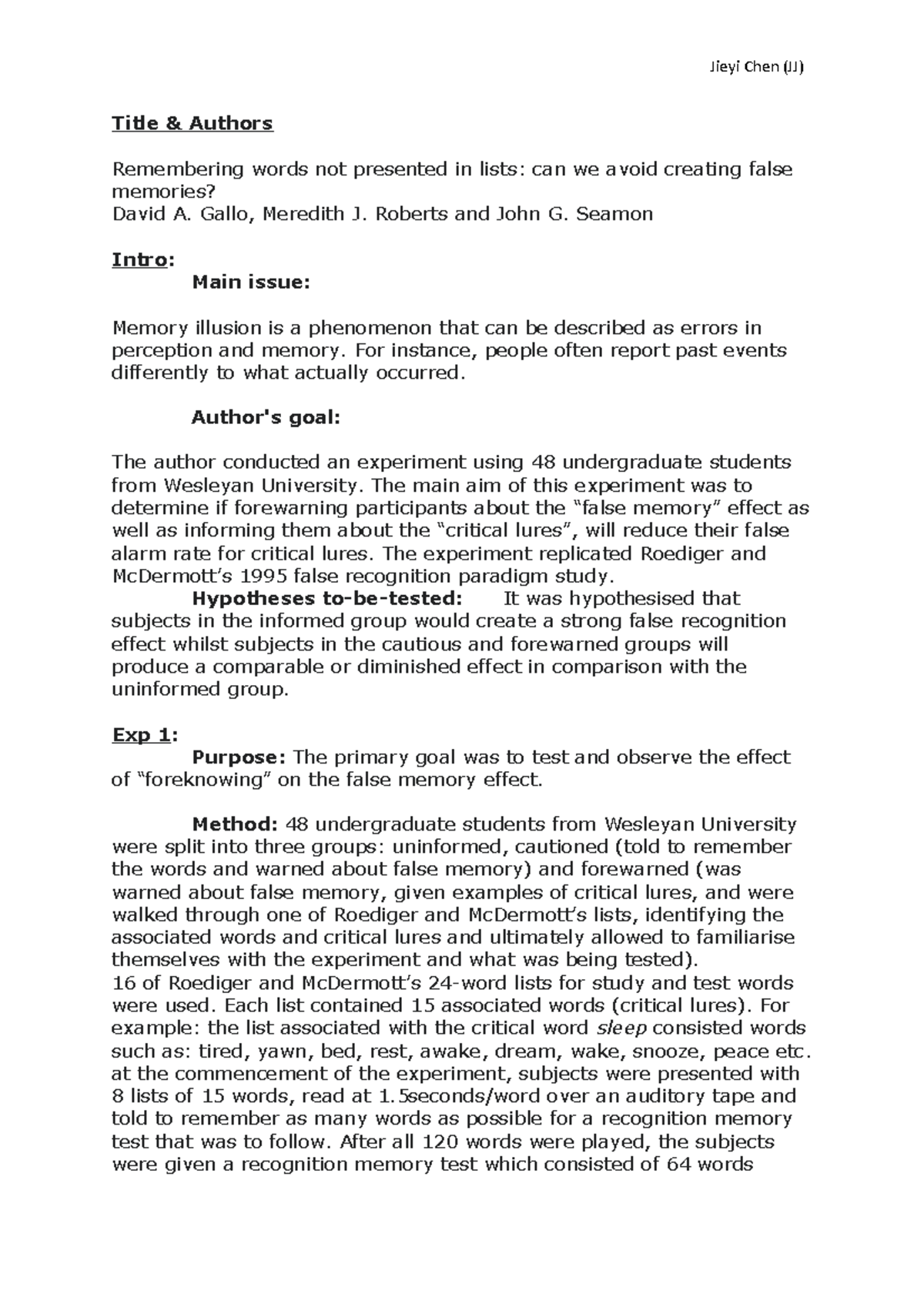 HW 1- paper review 1 - Title & Authors Remembering words not presented ...
