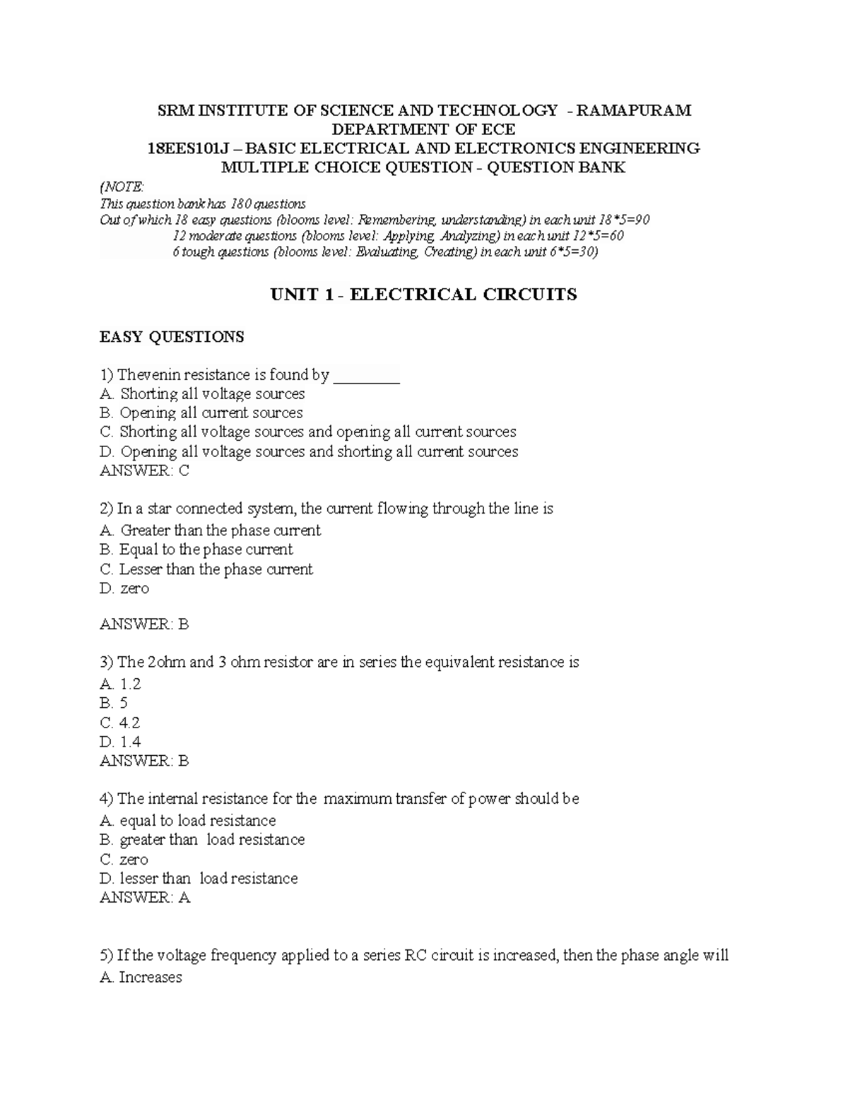 BEEE Question bank - SRM INSTITUTE OF SCIENCE AND TECHNOLOGY ...