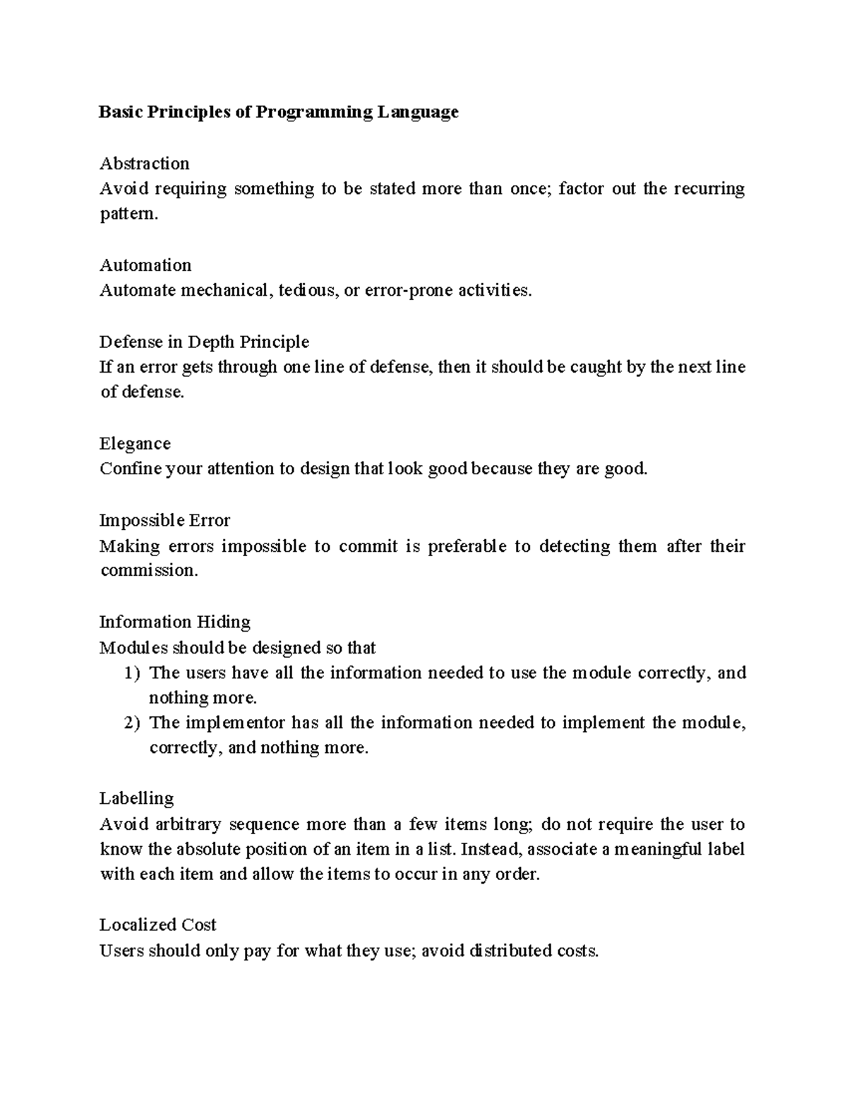 Popl nischal - Basic Principles of Programming Language Abstraction Avoid requiring something to ...