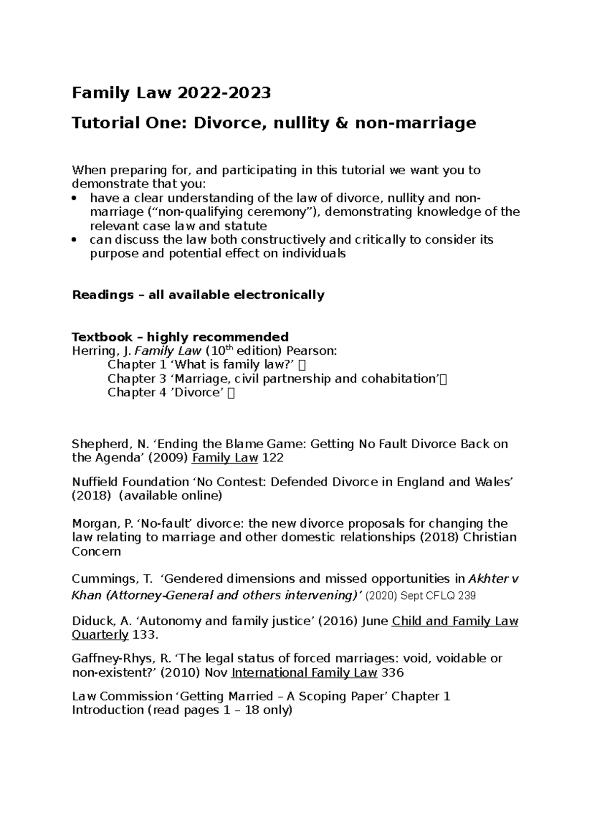 Tutorial 1 - Divorce, nullity & non-marriage - Family Law 2022 ...