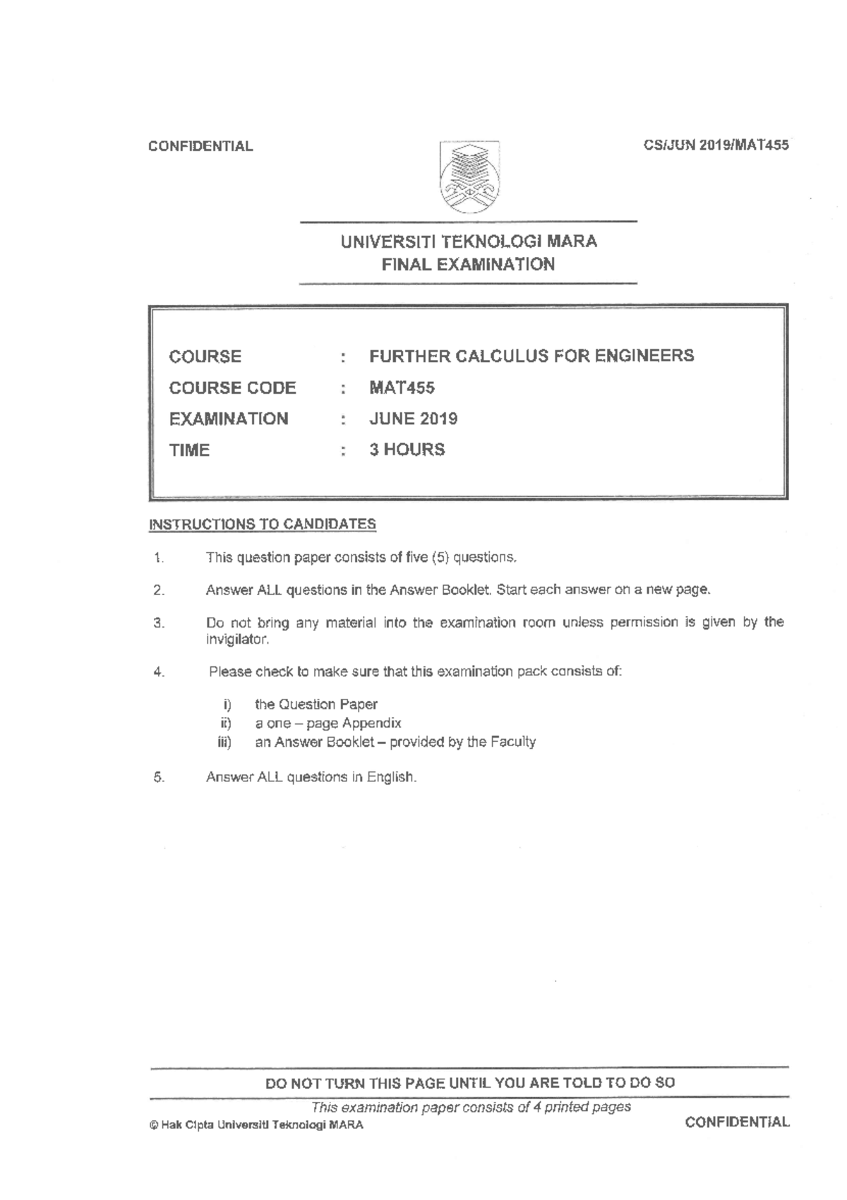 MAT455 JUN2019 - thanks - Calculus III For Engineers - Studocu