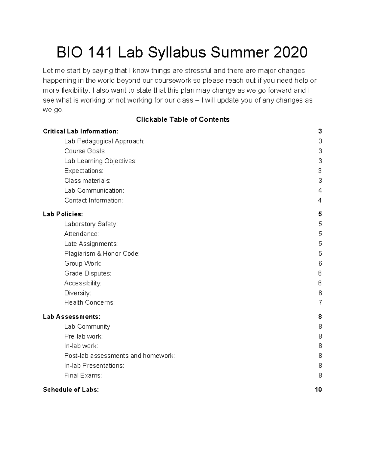 BIO 141 Lab Syllabus Summer 2020 - Let me start by saying that I know ...