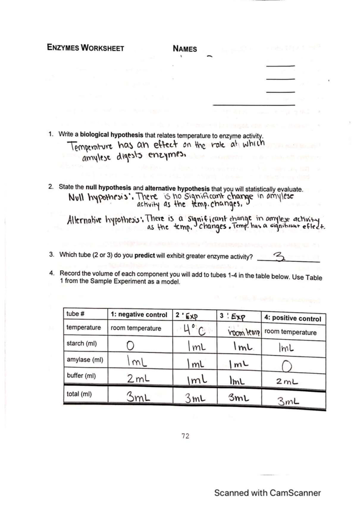 Enzyme WS - Bio 191 lab worksheet - BIO 191 - Studocu