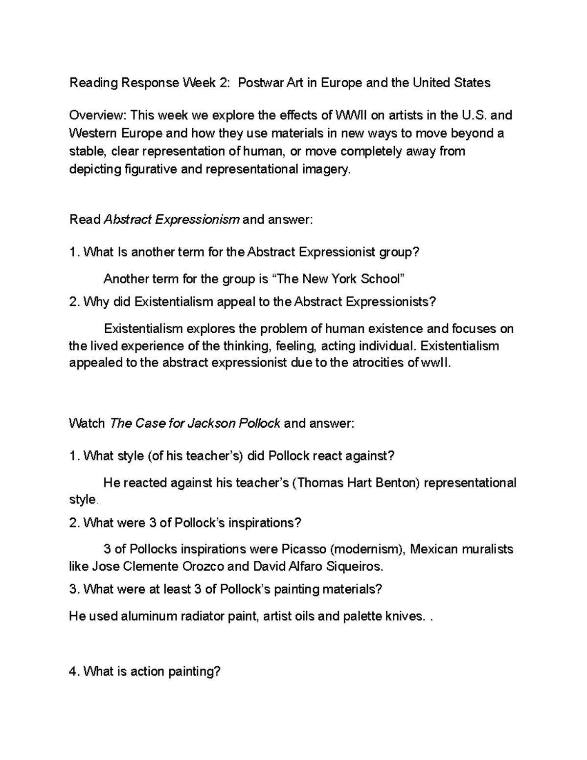 Reading Responce 1 - Reading Response Week 2: Postwar Art in Europe and ...
