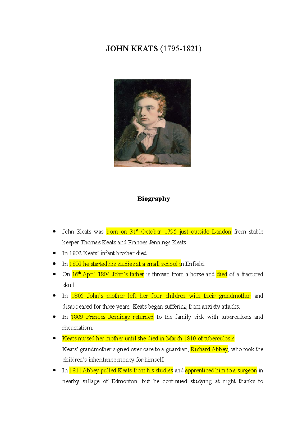 07. John Keats (1795-1821) - JOHN KEATS (1795-1821) Biography John ...