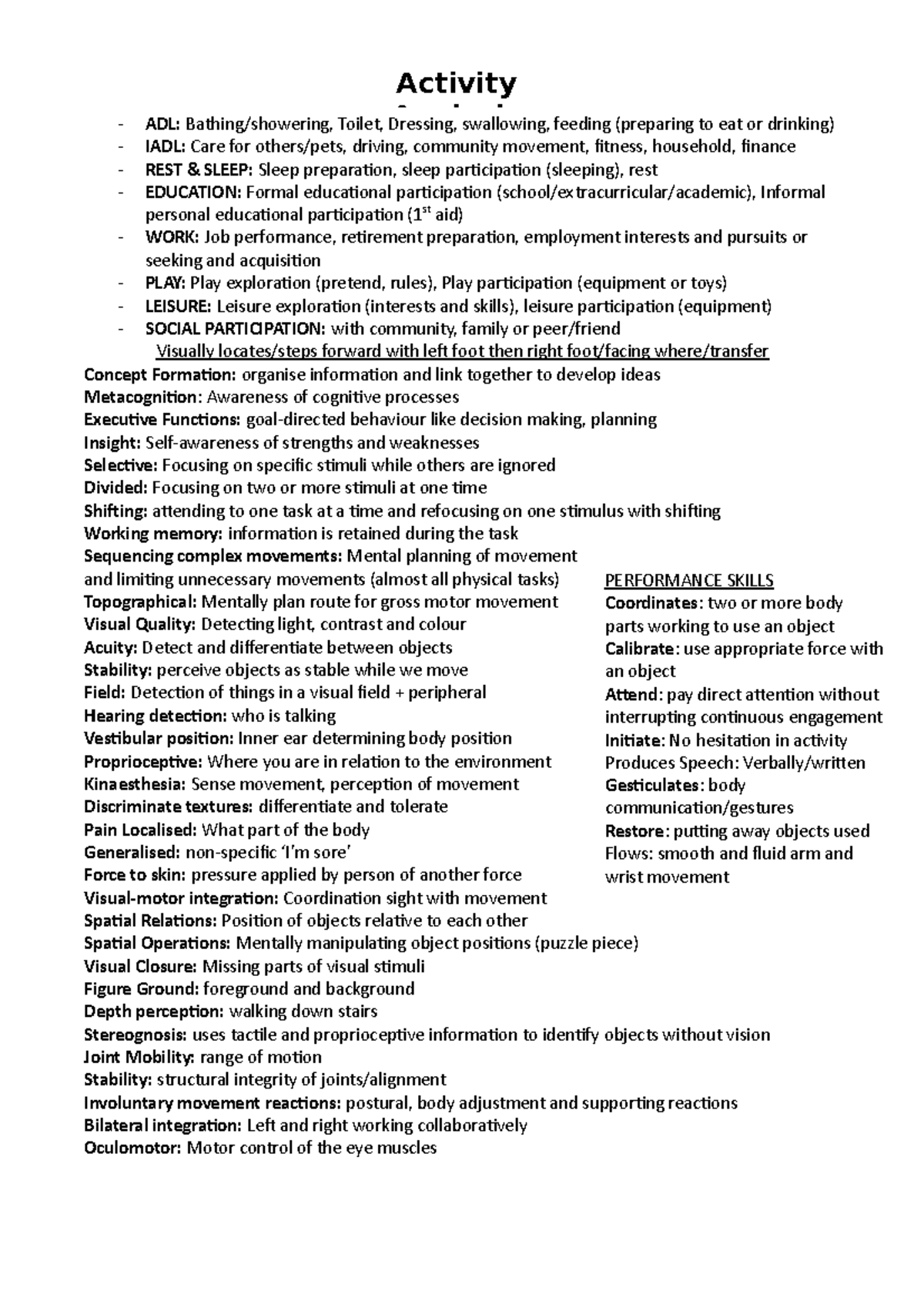 Activity Analysis cheat sheet - ADL: Bathing/showering, Toilet ...
