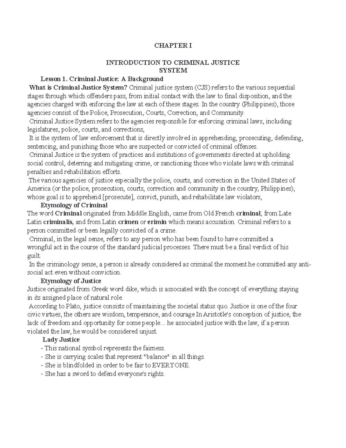 Introduction TO Criminal Justice System - CHAPTER I INTRODUCTION TO ...