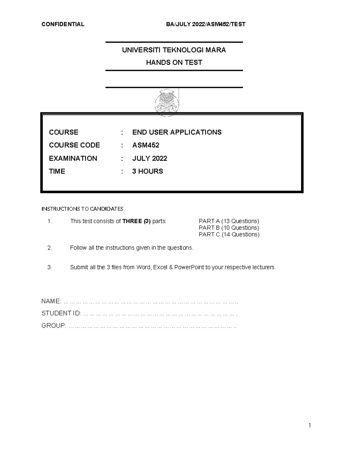 Set 1 Question - UNIVERSITI TEKNOLOGI MARA HANDS ON TEST COURSE : END ...
