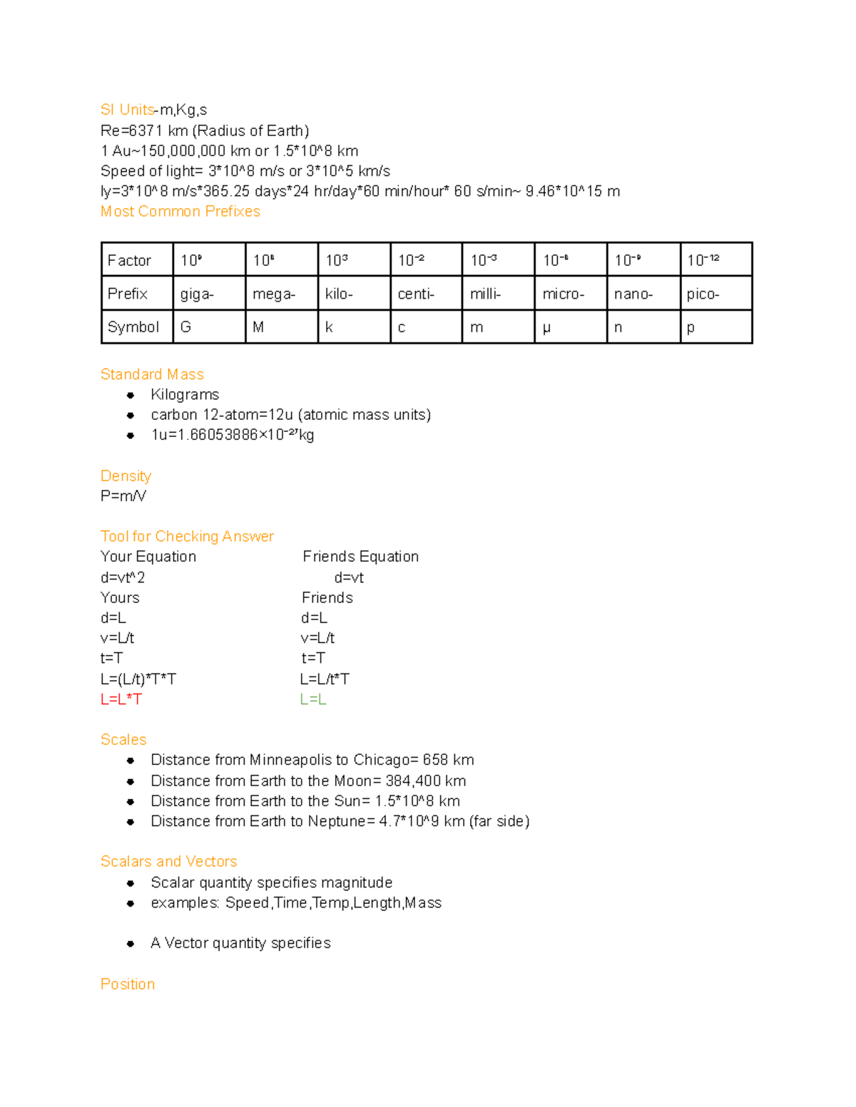 Physics Notes- Measurements Ch 1 - SI Units-m,Kg,s Re=6371 km (Radius ...