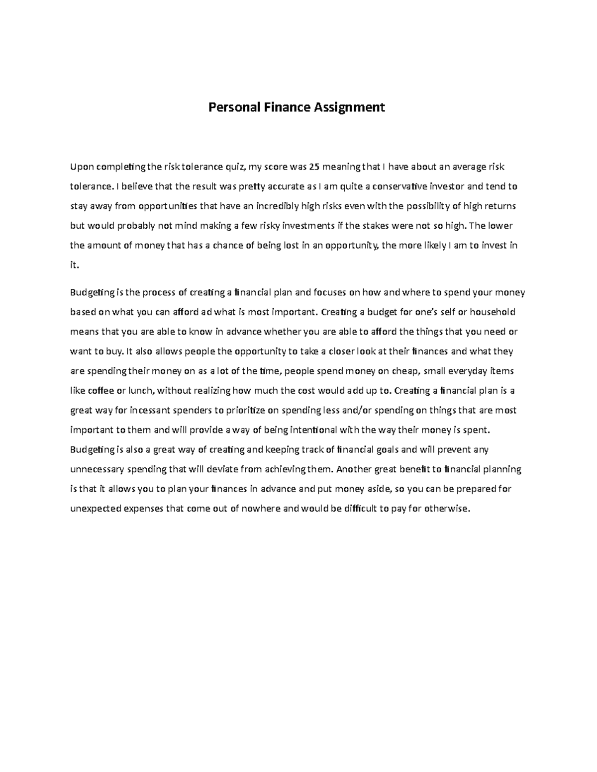 Personal Finance Assignment - Reflection - Personal Finance Assignment ...