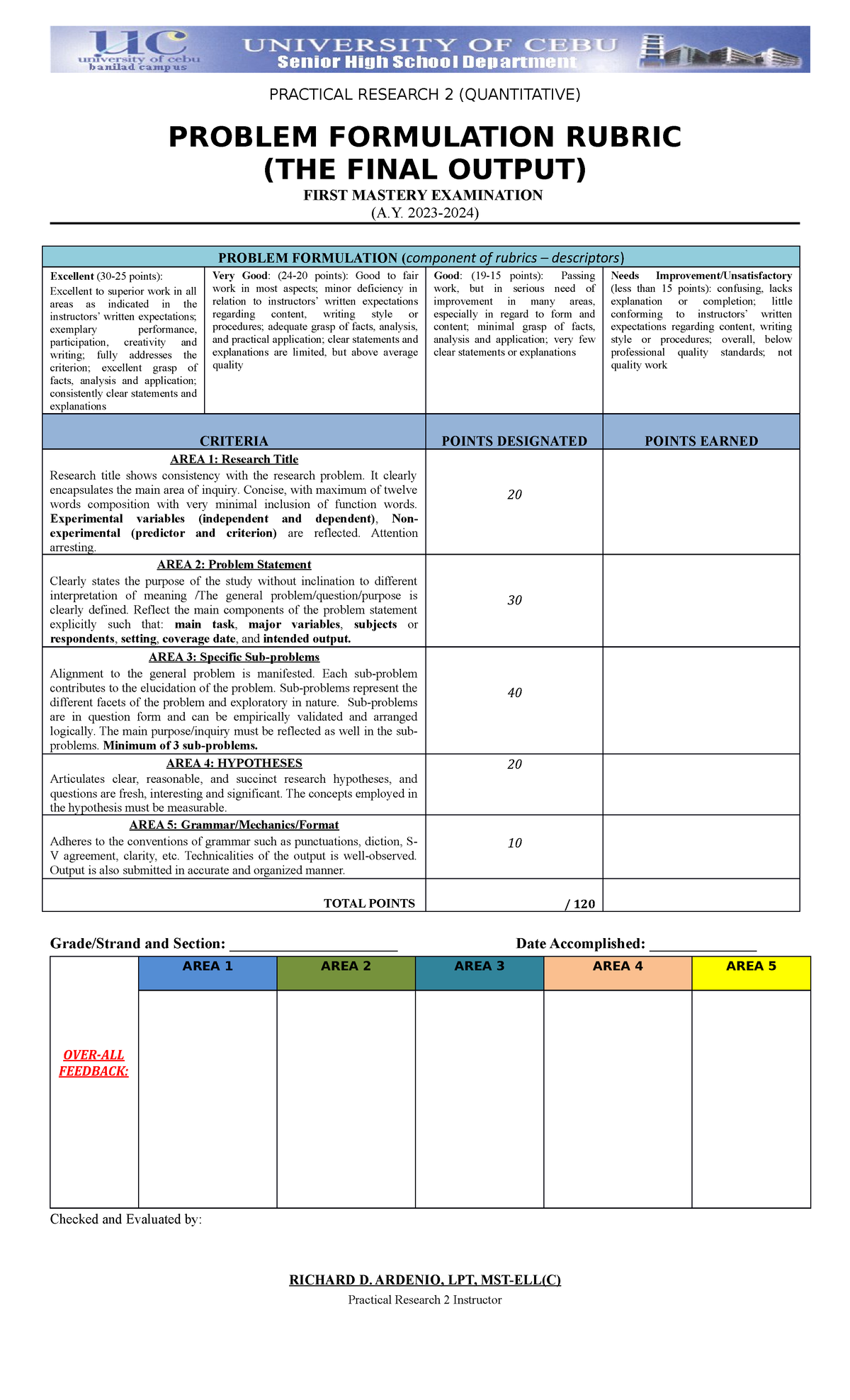 Problem Formulation Rubric - PRACTICAL RESEARCH 2 (QUANTITATIVE ...