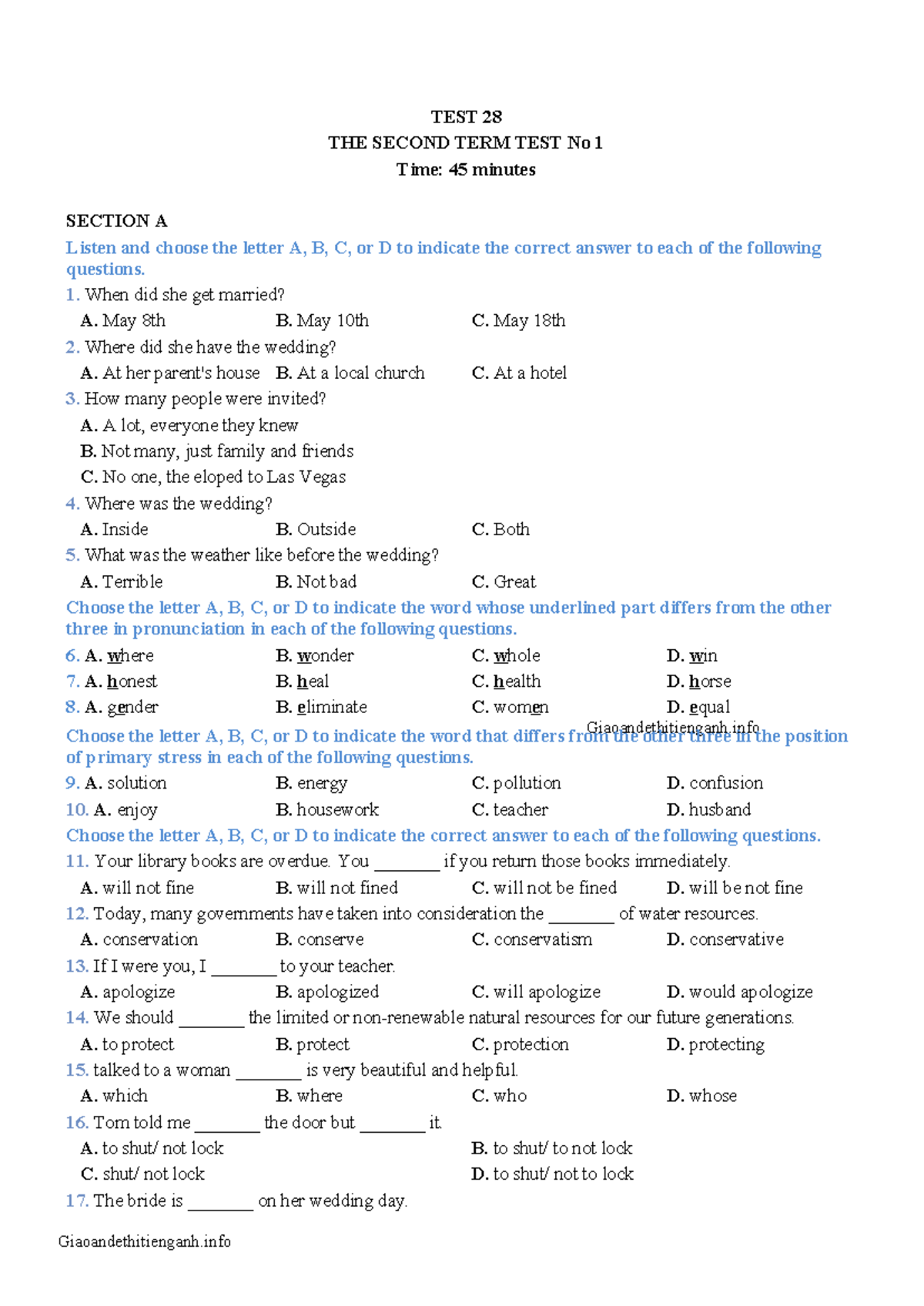 8. TEST 28 THE Second TERM TEST No 1 - Giaoandethitienganh TEST 28 THE ...