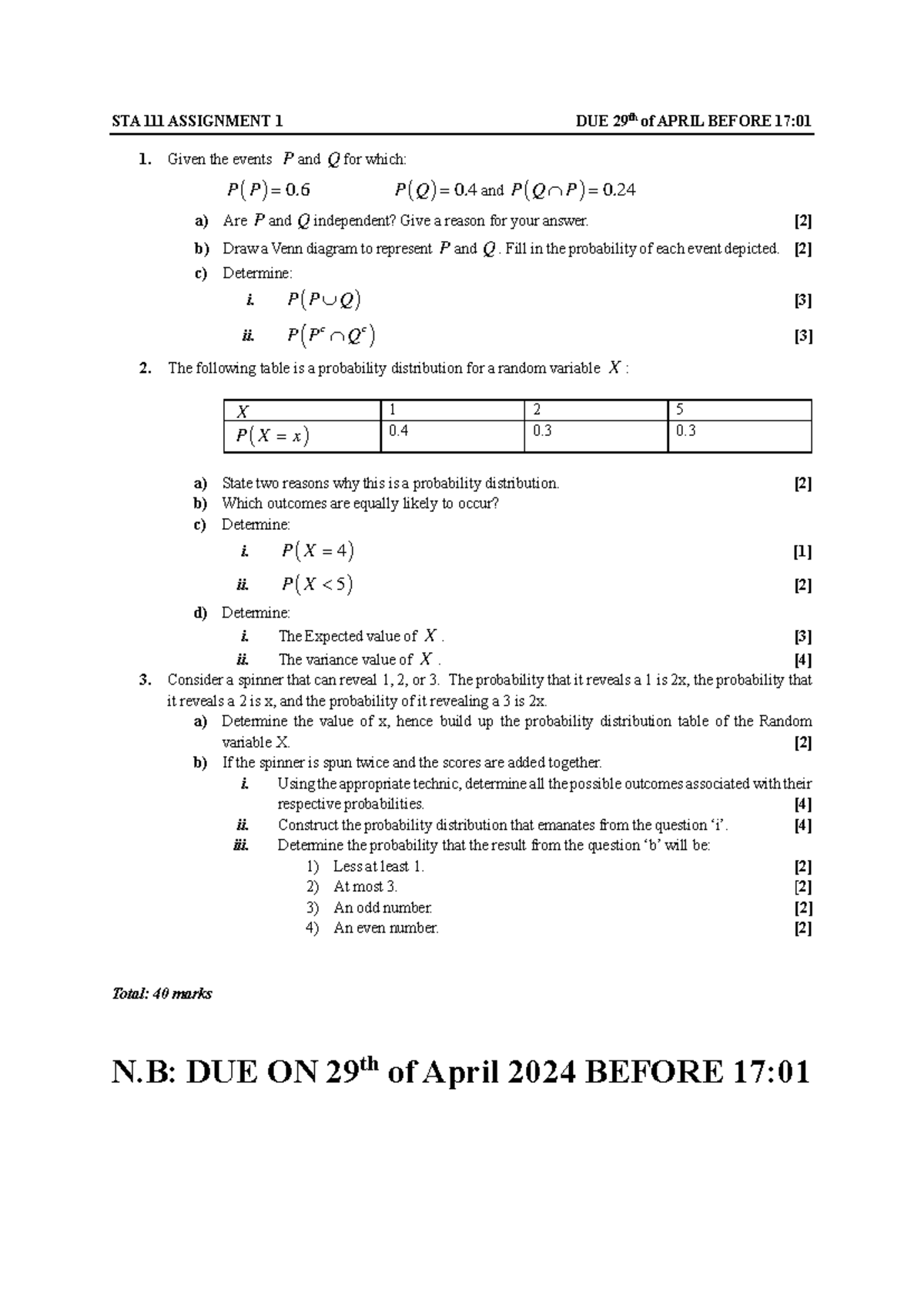 STA 111 Assignment 1 DUE 29th of April Before 17 - STA 111 ASSIGNMENT 1 DUE 29th of APRIL BEFORE ...