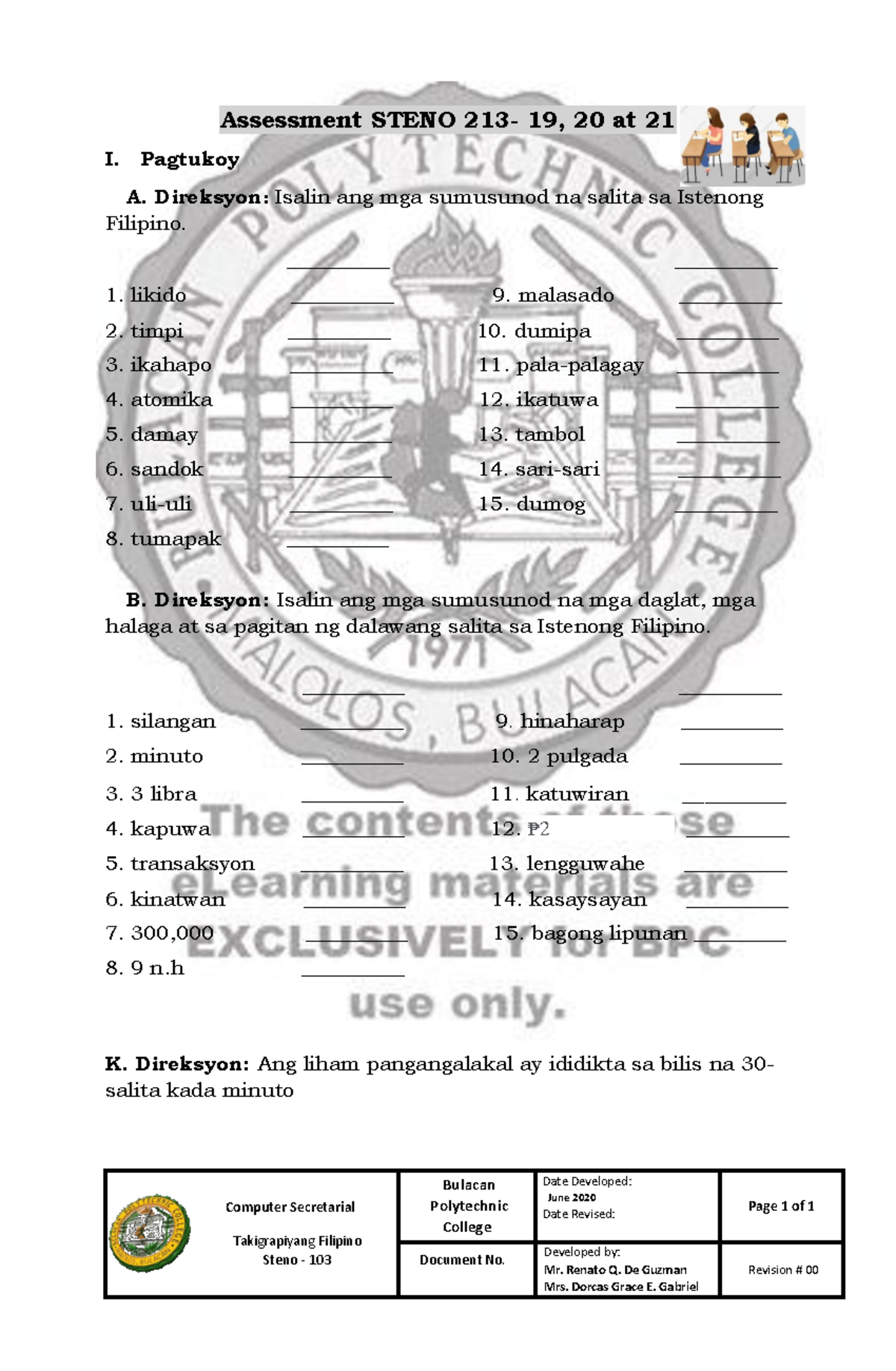 7a. Takigrapiyang Filipino- Steno 103-Assessment-7 - Computer ...