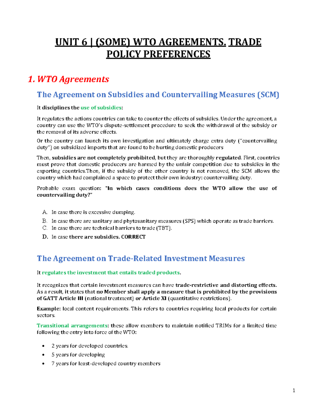 IPE Unit 6 - WTO Agreements - UNIT 6 | (SOME) WTO AGREEMENTS. TRADE ...