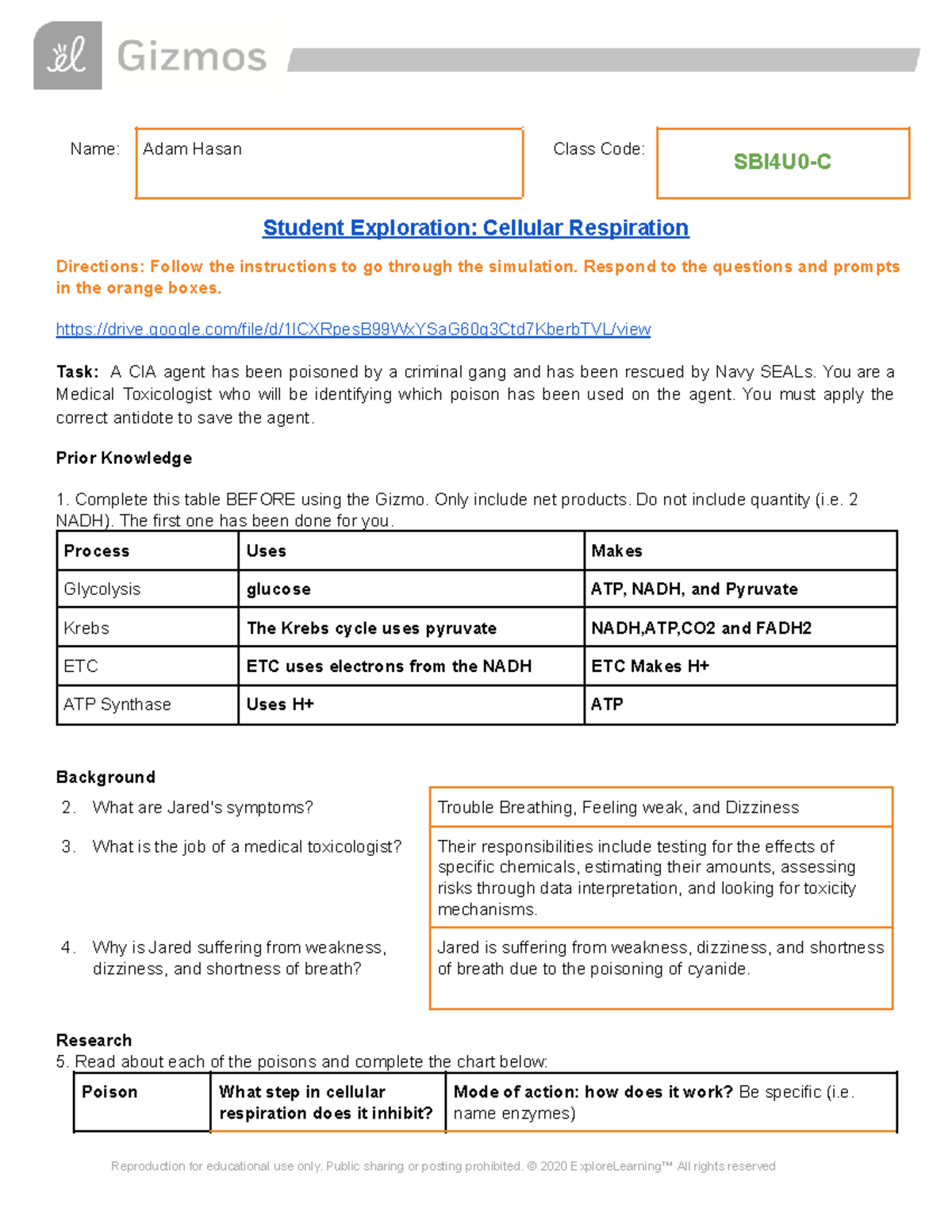 Cell Respiration Gizmo Name Adam Hasan Class Code SBI4U0 C Student
