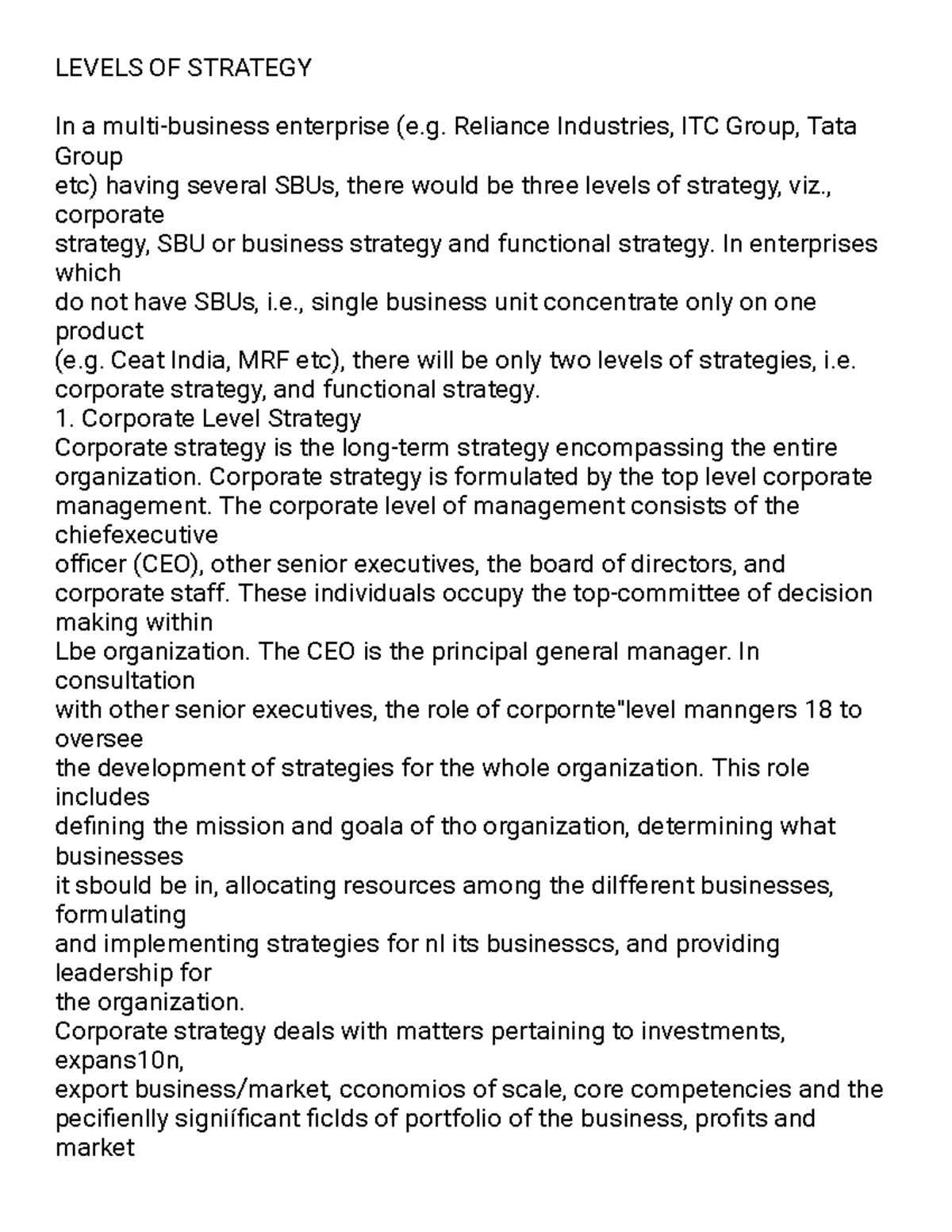 Levels of strategy - Its lecture notes - LEVELS OF STRATEGY In a multi ...