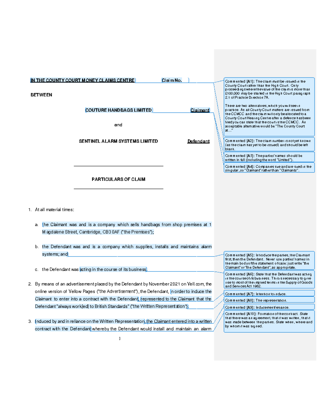 Couture Particulars of Claim - CS 2021 - BPP - Studocu