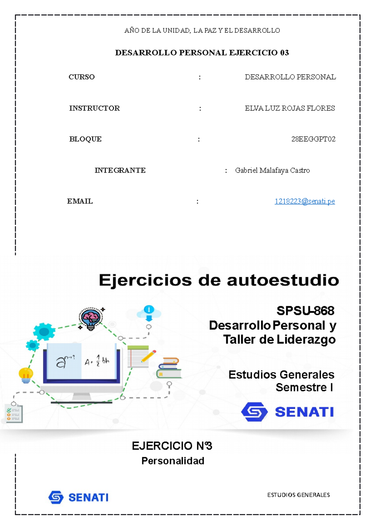 DP Ejercicios Unidad 03 - AÑO DE LA UNIDAD, LA PAZ Y EL DESARROLLO DESARROLLO PERSONAL EJERCICIO ...