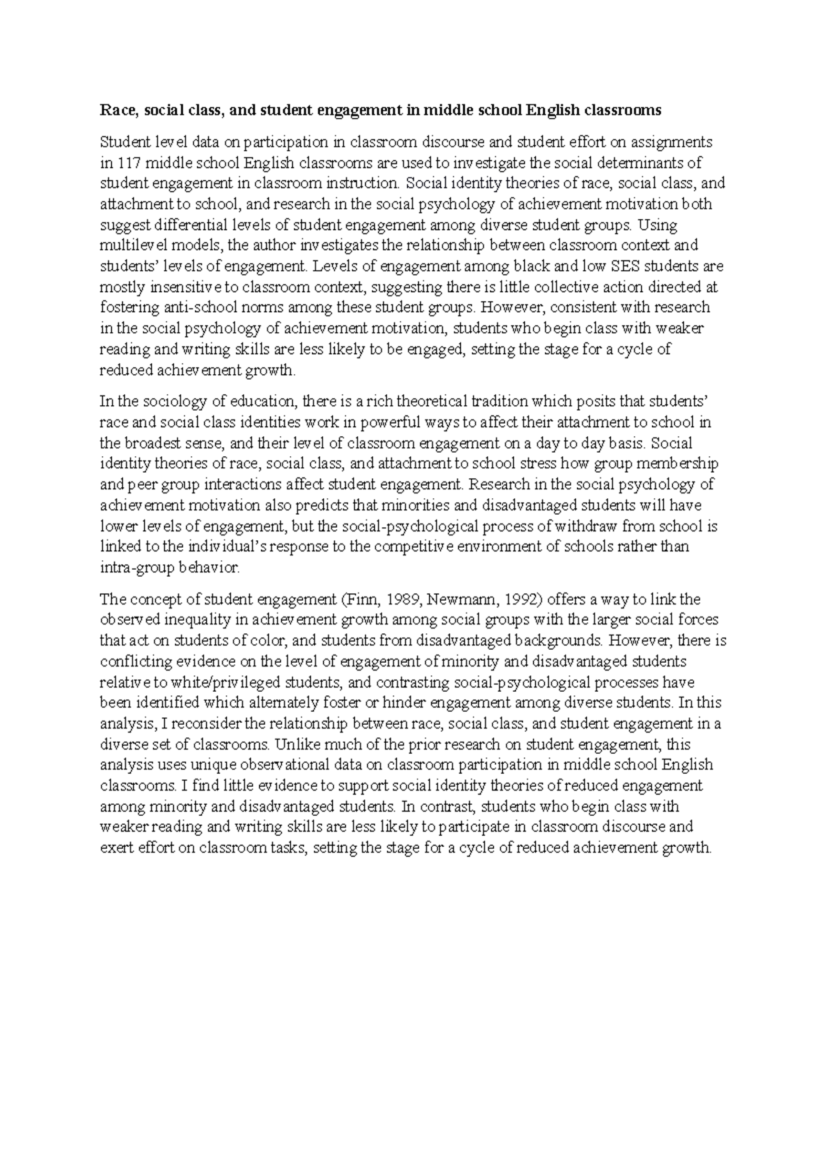 Race, social class, and student engagement in middle school English ...