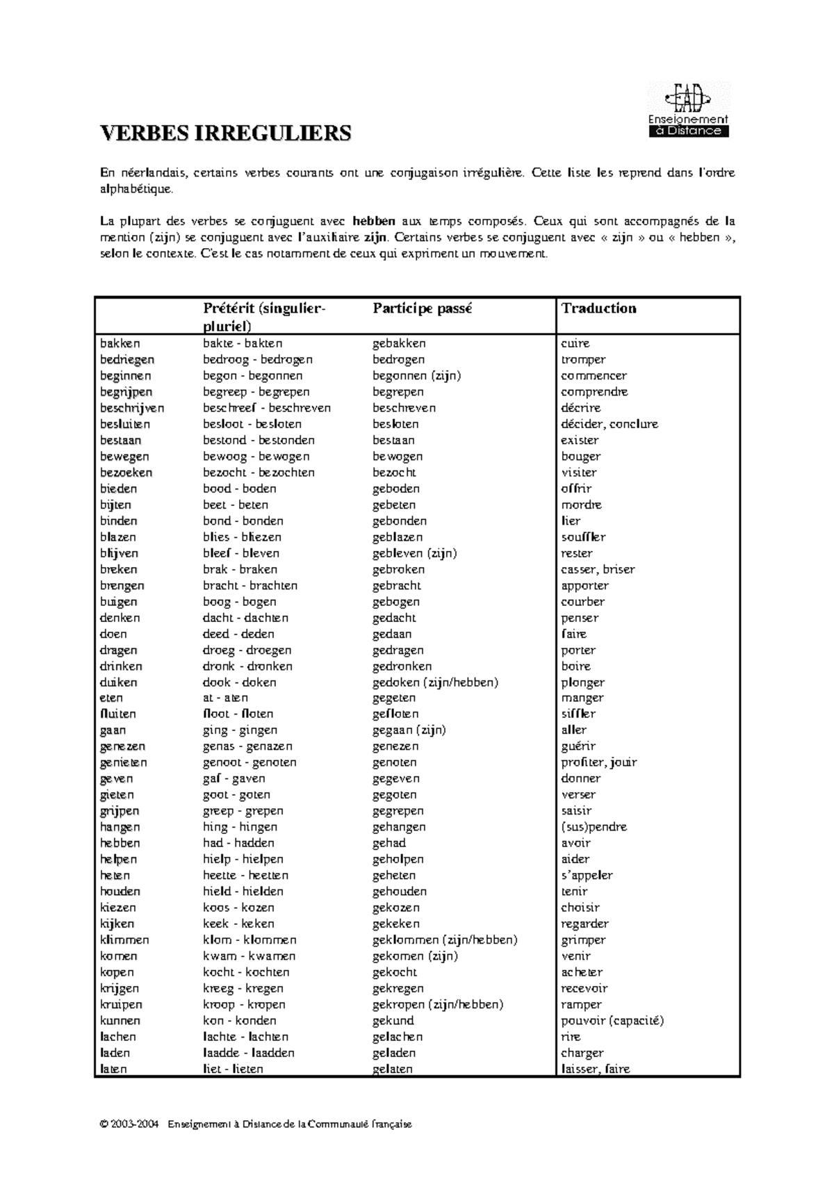 Verbes irreguliers nl - © 2003-2004 Enseignement à Distance de la ...