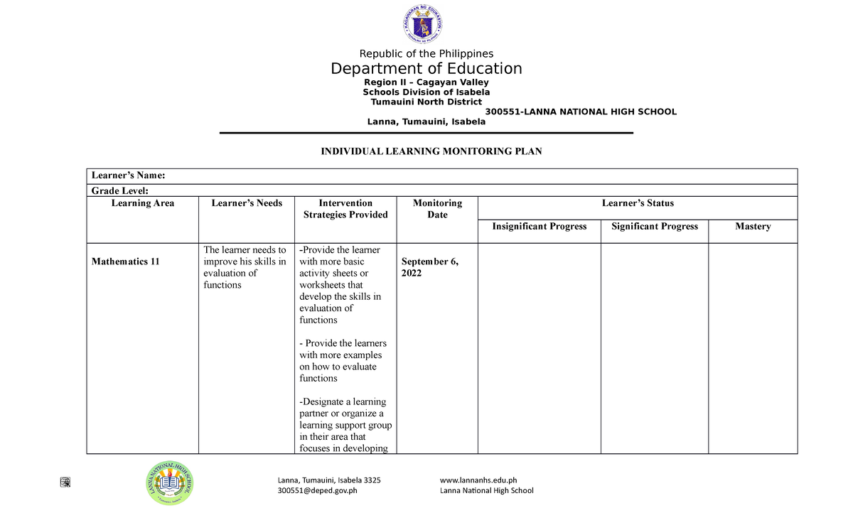 Individual Monitoring Learning Plan - Republic of the Philippines ...