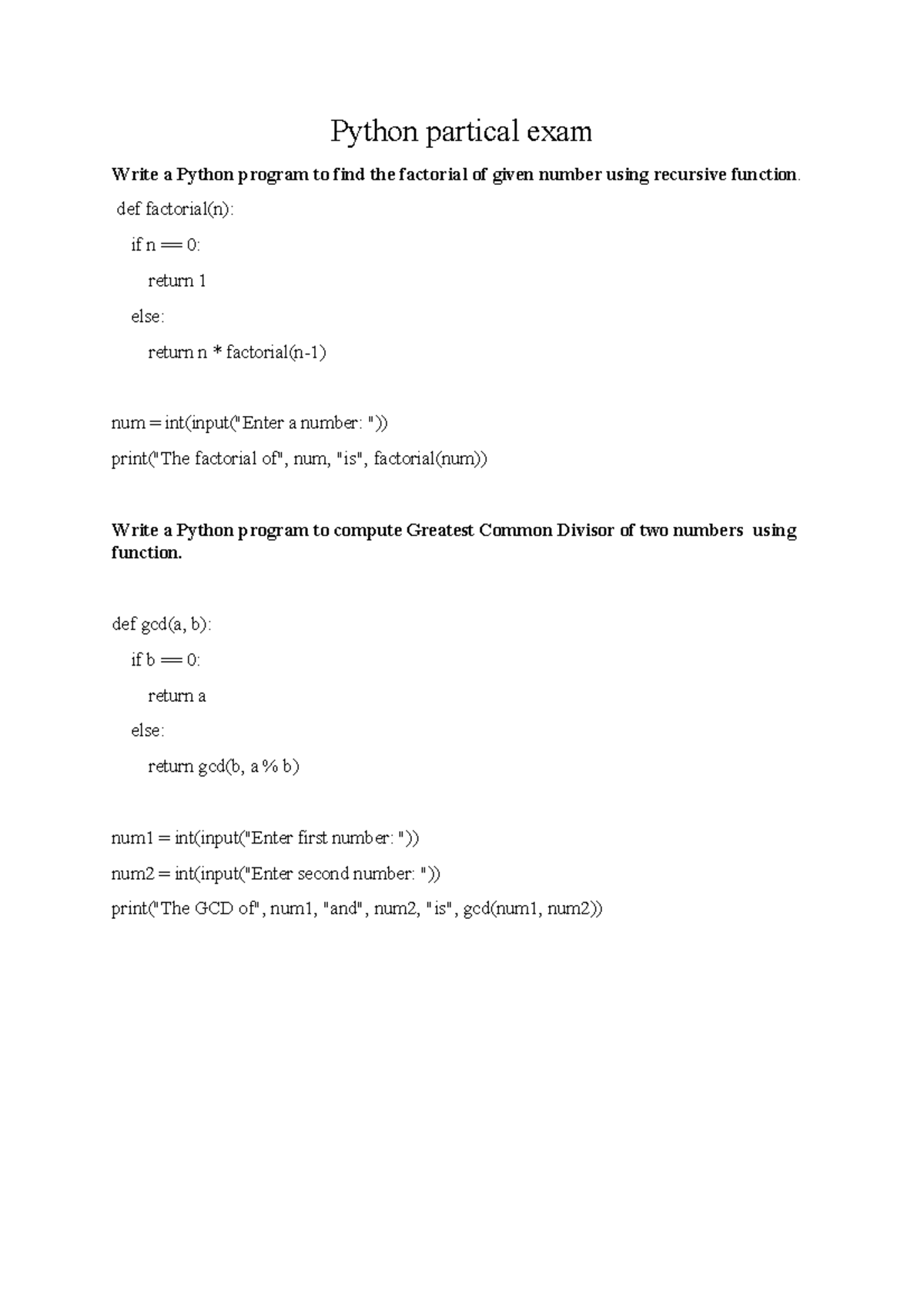 Python Partical Exam Python Partical Exam Write A Python Program To