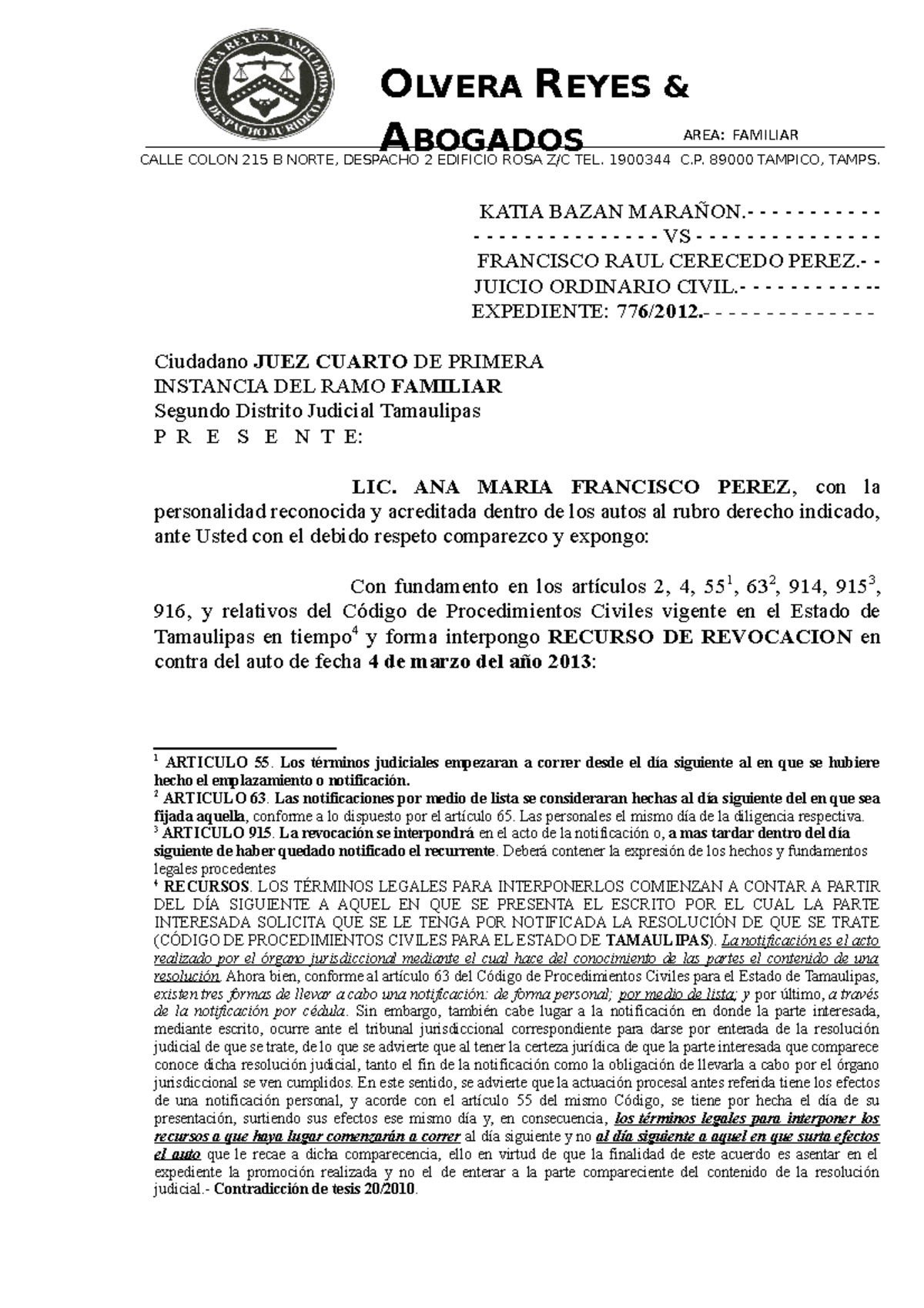 Recurso de revocacion - practica - KATIA BAZAN MARAÑON.- VS - FRANCISCO ...