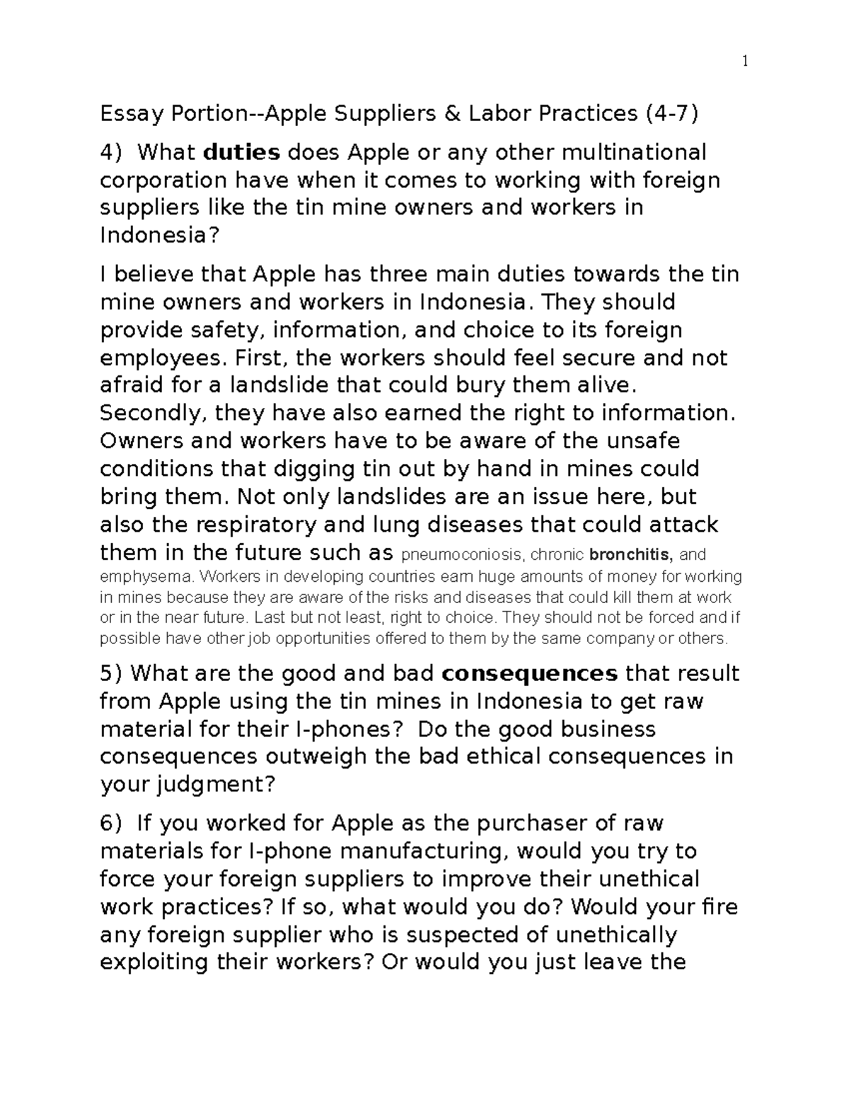 Business Ethics Mid Term Essay Part 2 - 1 Essay Portion-Apple Suppliers ...