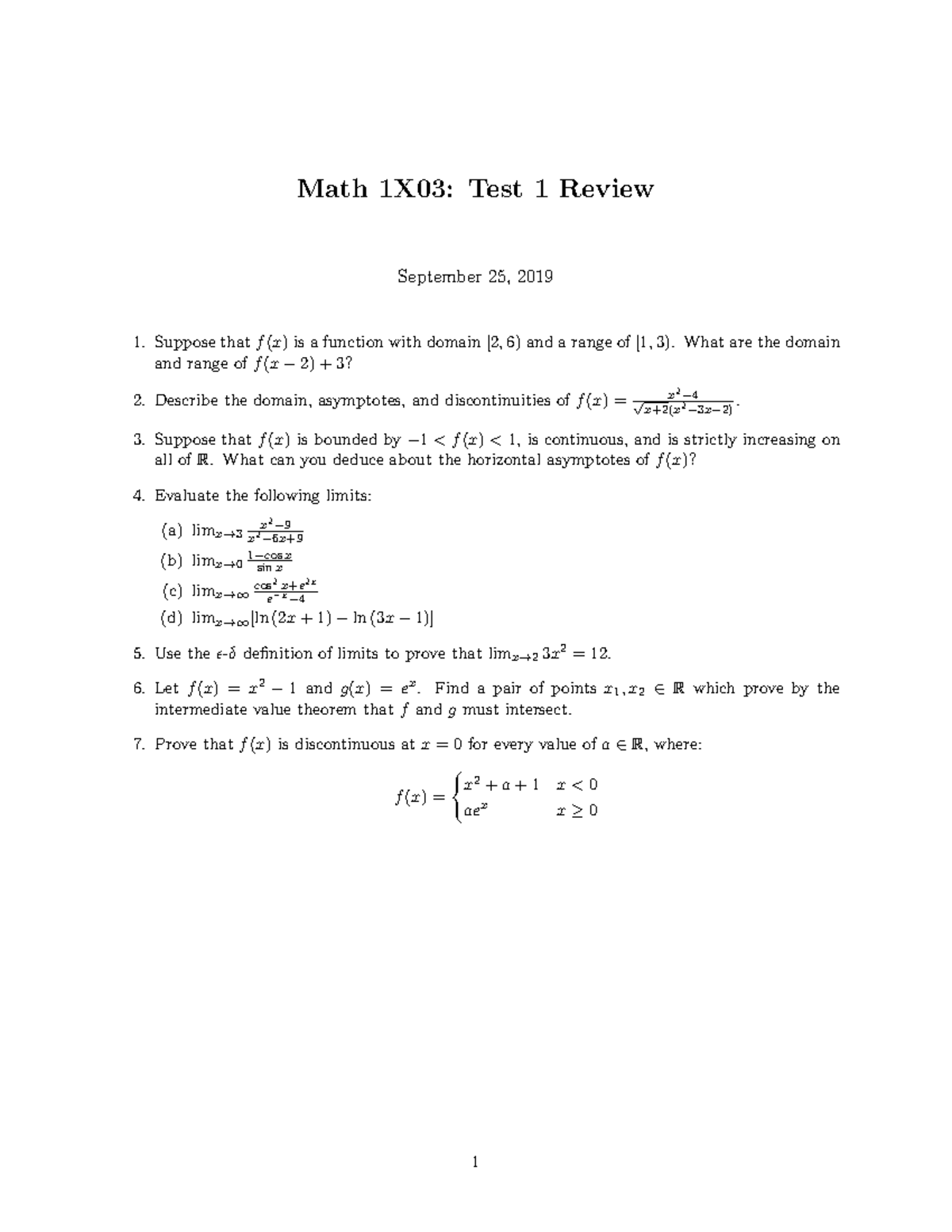 Math 1X03 - Test 1 Review - Math 1X03: Test 1 Review September 25, 2019 ...