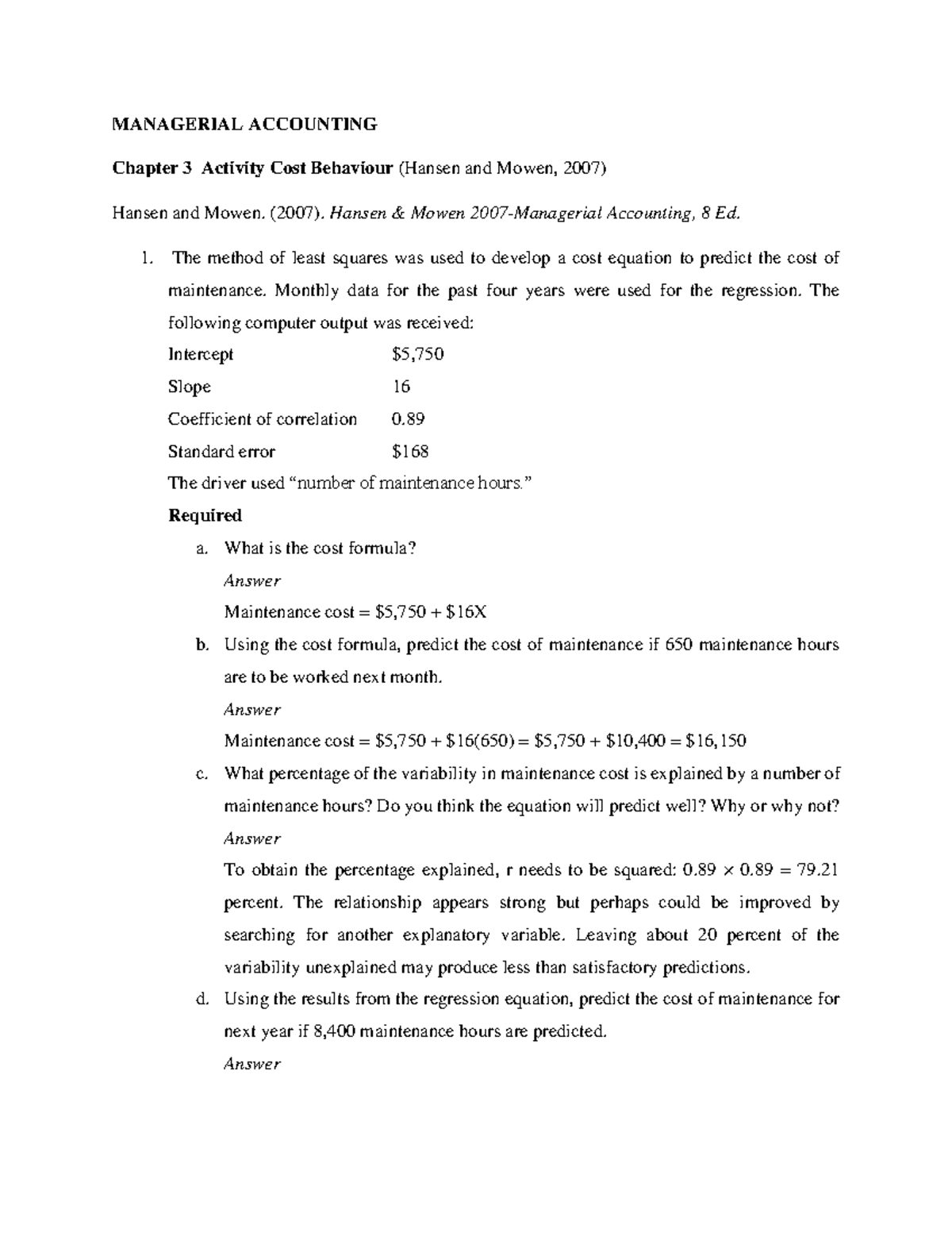 Managerial Accounting Activity Cost Behavior Solution Manual 3-17 sd 3-18 - MANAGERIAL ...