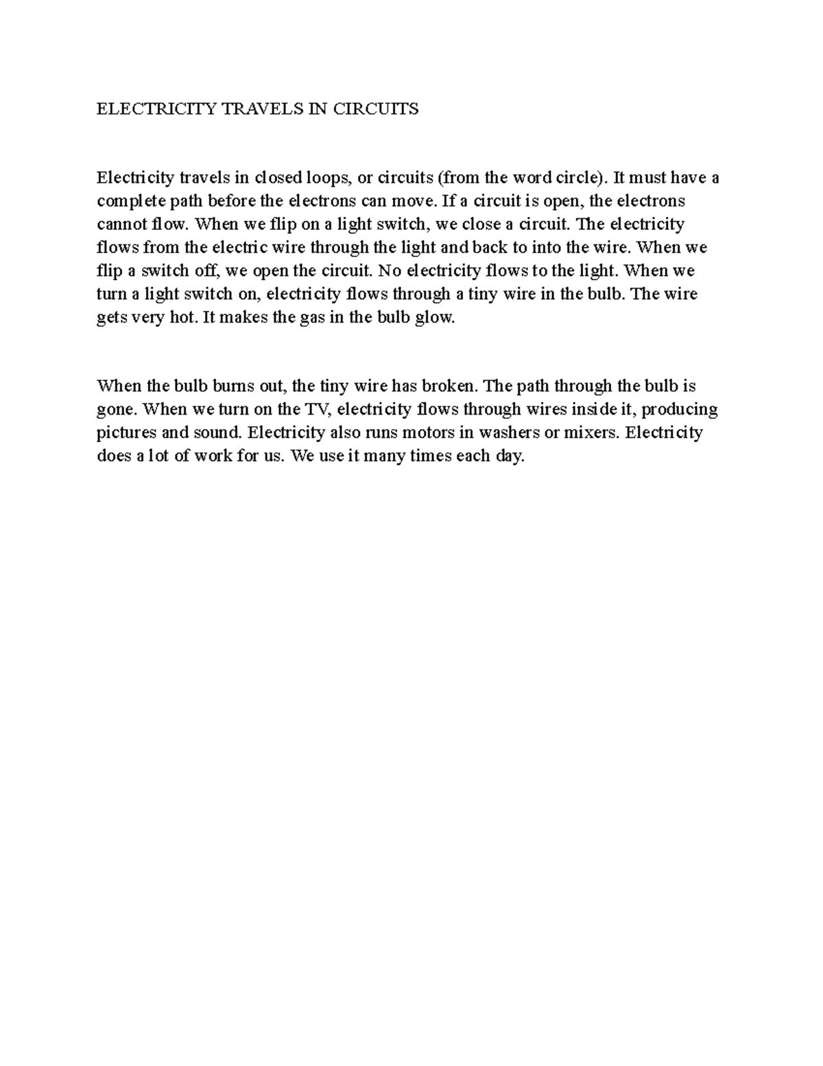 Electricity Travels IN Circuits - ELECTRICITY TRAVELS IN CIRCUITS ...