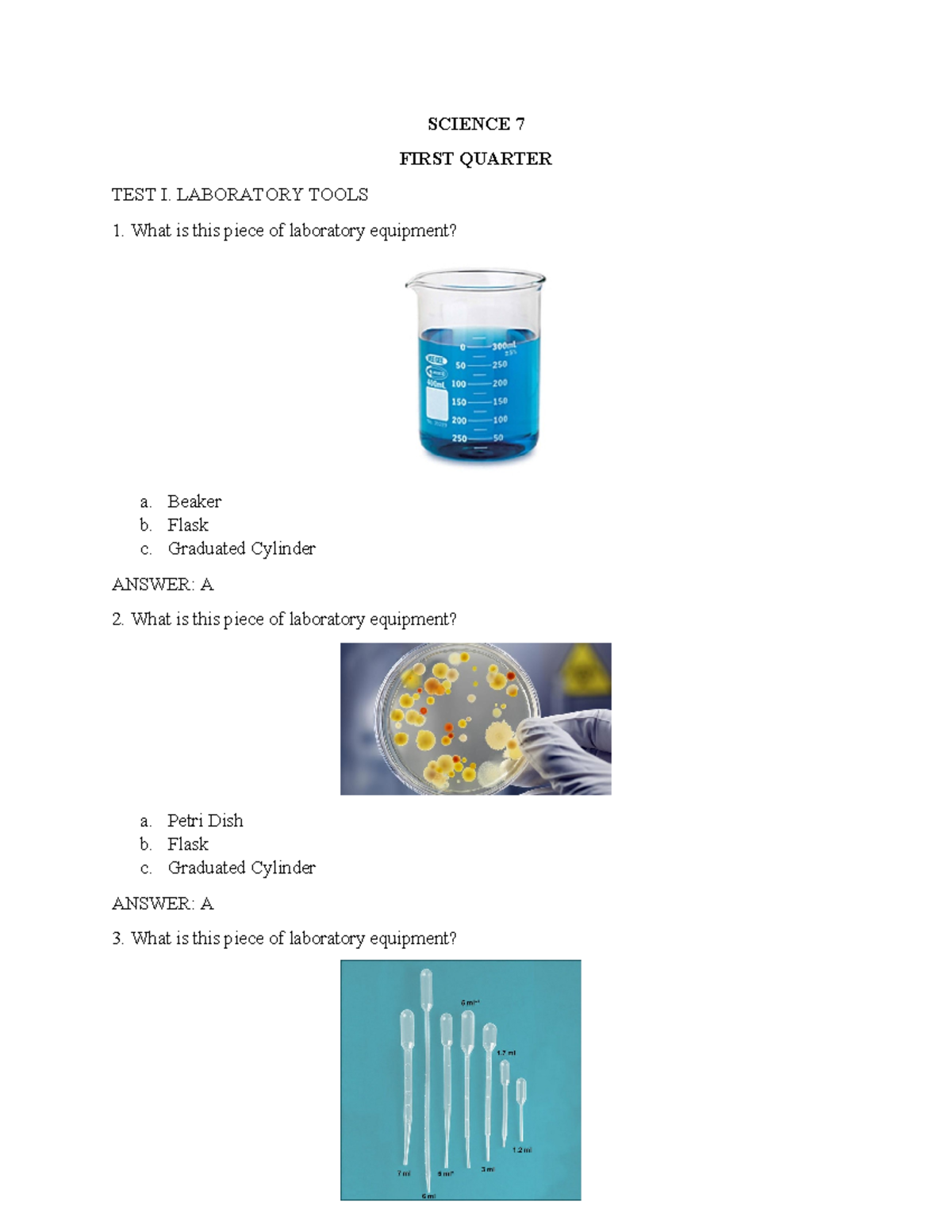 Science 7 - goodluck - SCIENCE 7 FIRST QUARTER TEST I. LABORATORY TOOLS ...