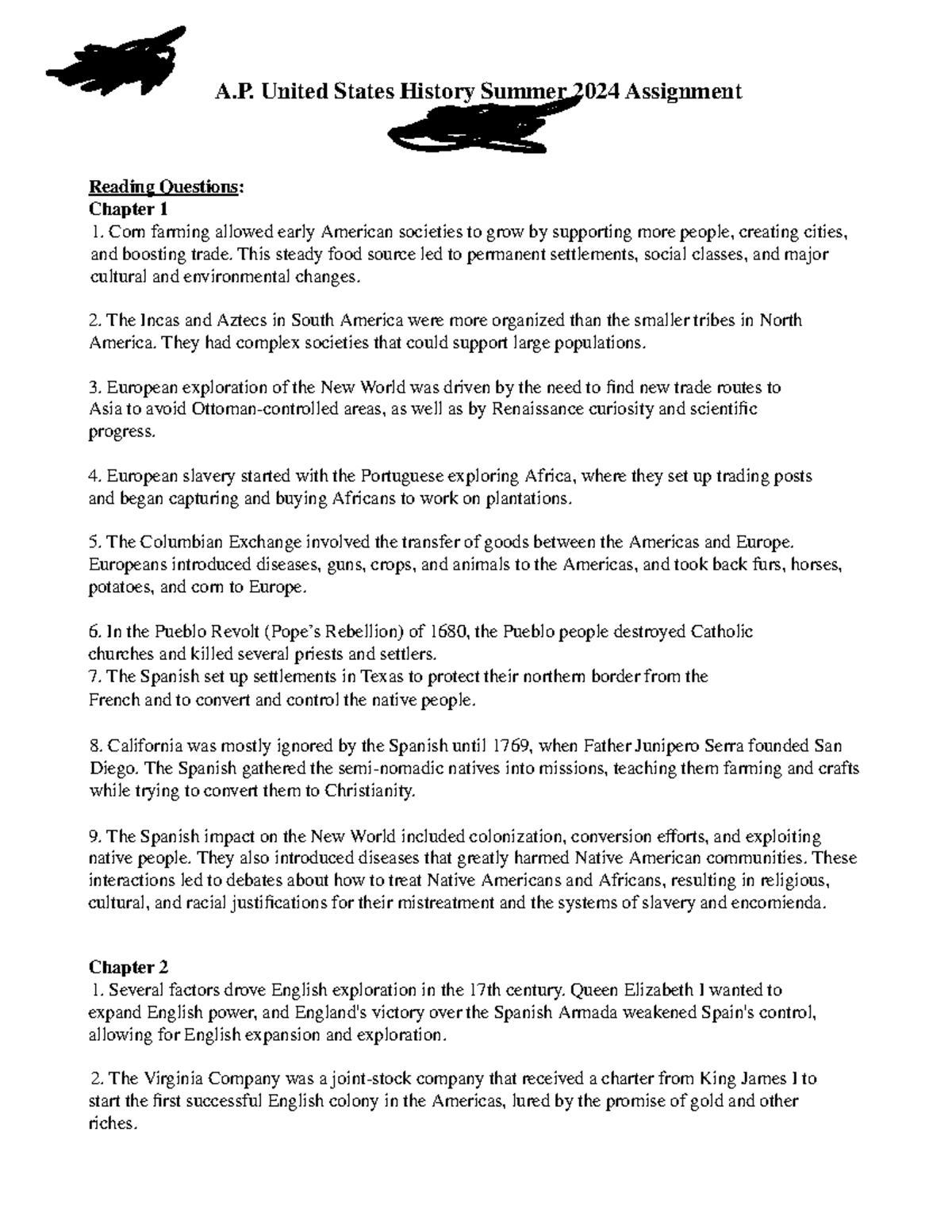 AP US History 2024 Summer Assignment - Aidan Ahmed A. United States ...