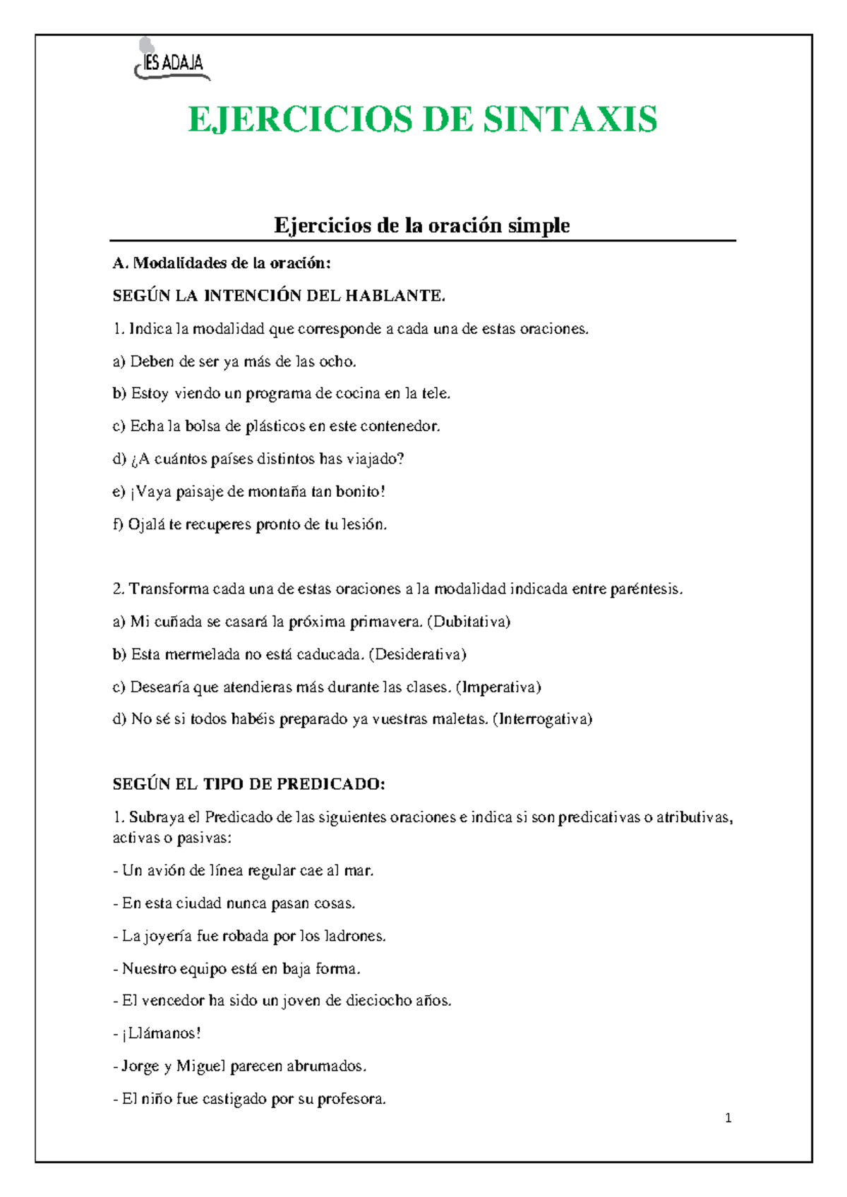 Documento DE Sintaxis 22-23 - EJERCICIOS DE SINTAXIS Ejercicios de la ...