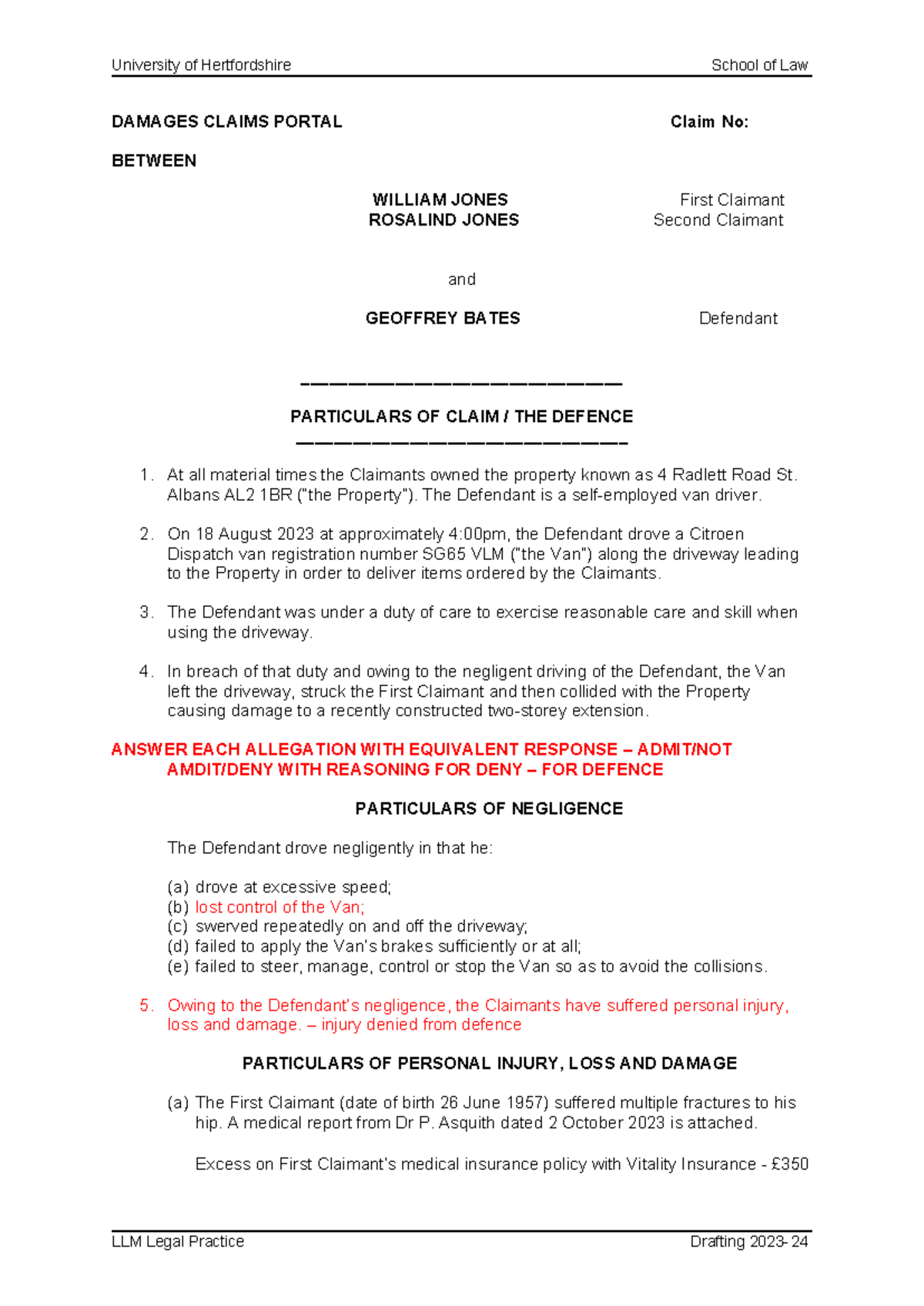 Particulars of Claim 23-24 - University of Hertfordshire School of Law ...