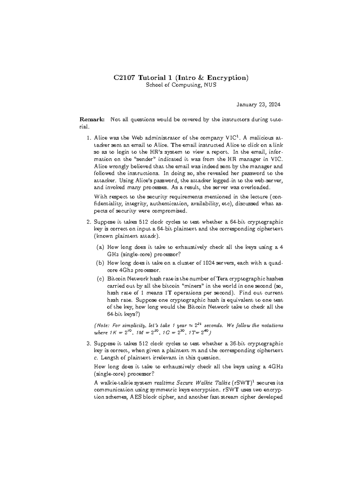 2024 tutorial 1 - C2107 Tutorial 1 (Intro & Encryption) School of Computing, NUS January 23 ...