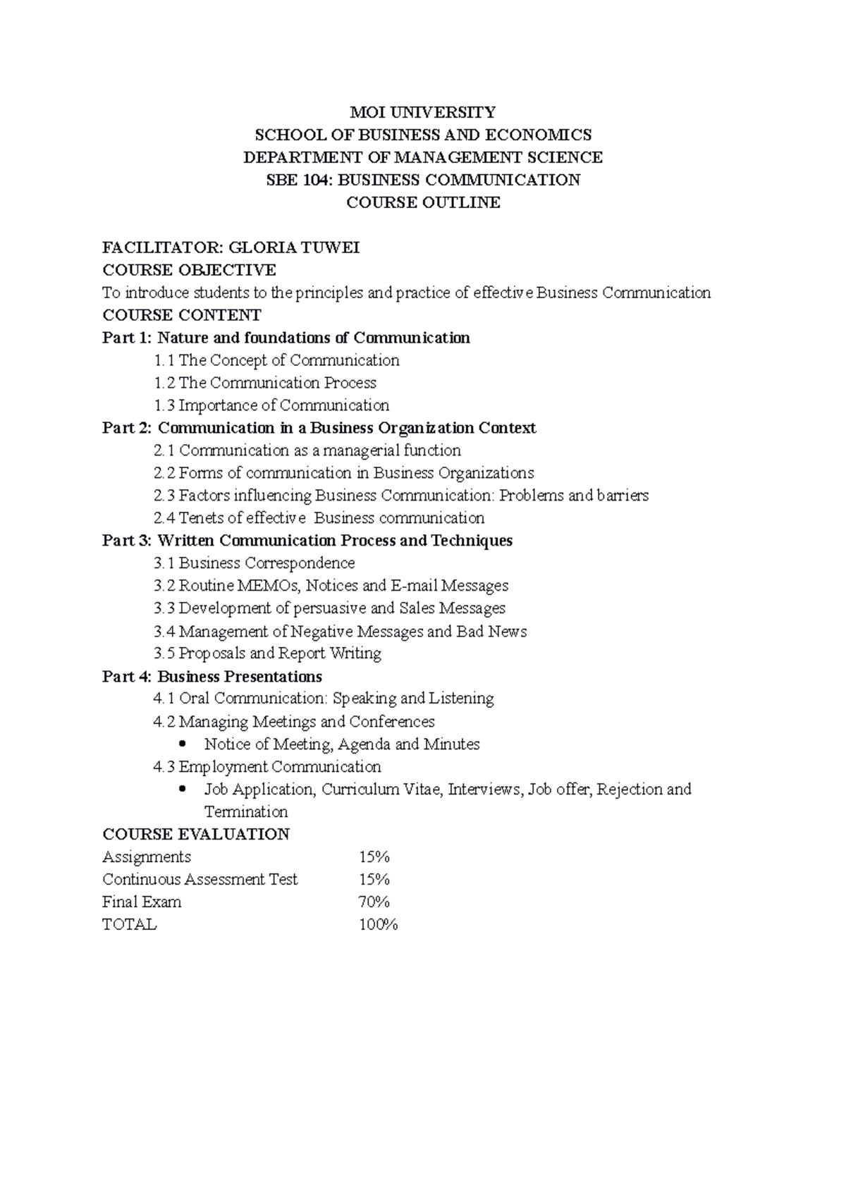 SBE 104 course outline - Lecture Notes - MOI UNIVERSITY SCHOOL OF ...