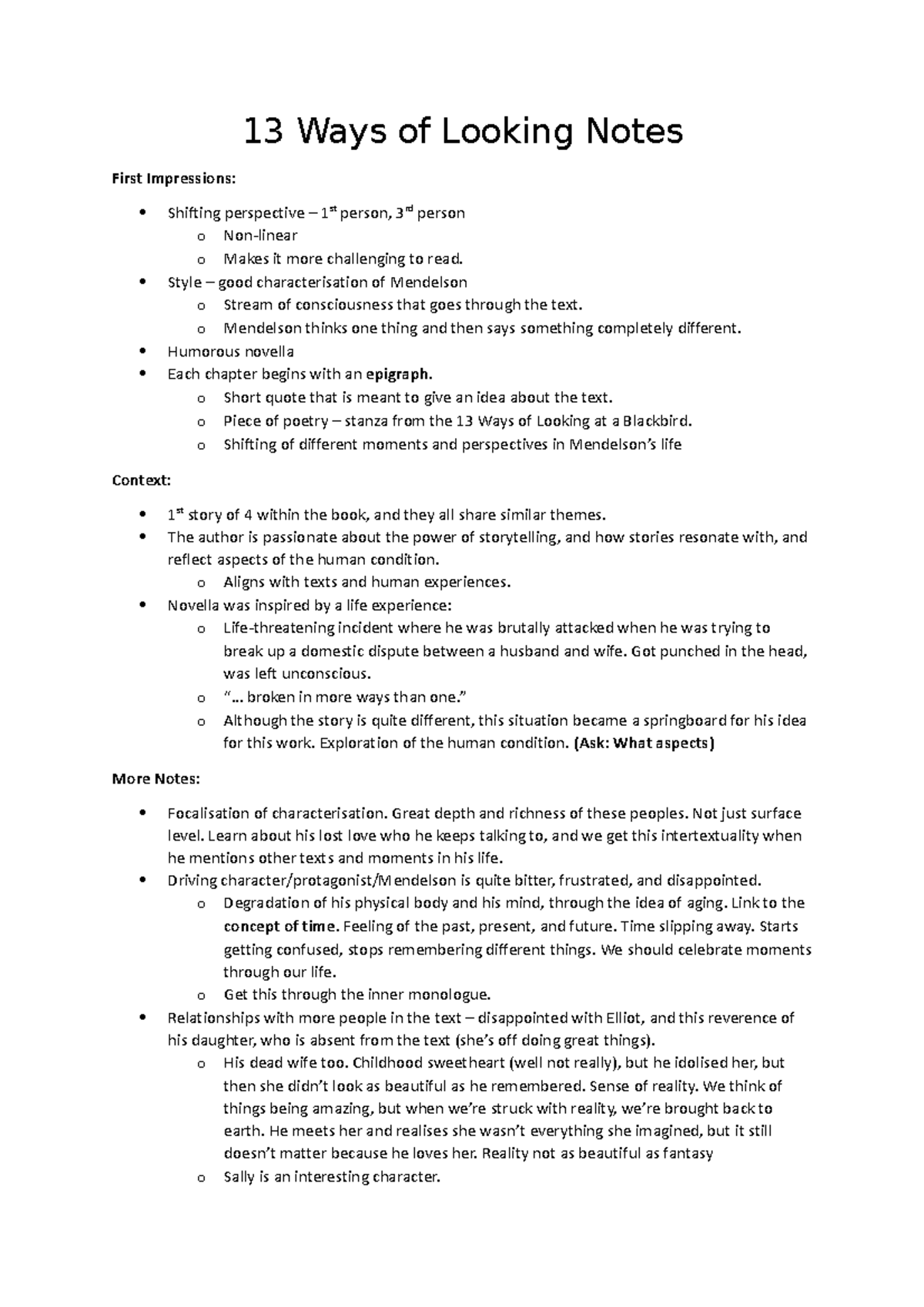 13 Ways of Looking Notes - 13 Ways of Looking Notes First Impressions ...