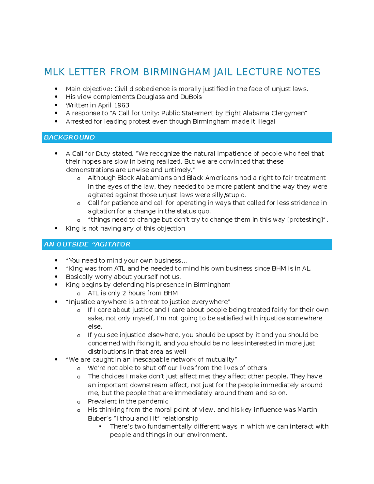 MLK Letter from Birmingham Jail Lecture Notes - MLK LETTER FROM ...