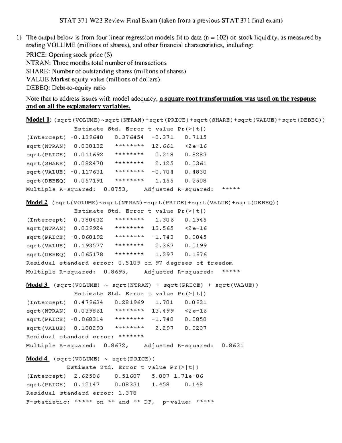 STAT 371 W23 Review Final Exam (taken from STAT 371 F20 Final ...