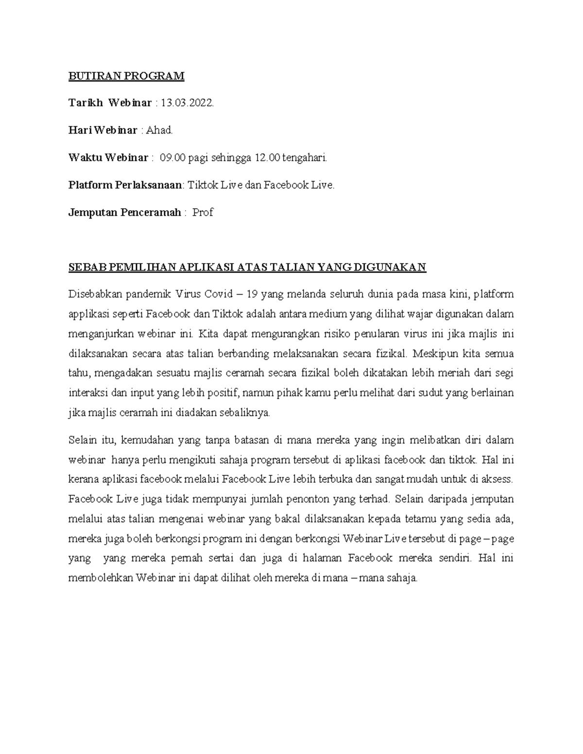 Proposal - VKMB - BUTIRAN PROGRAM Tarikh Webinar : 13.03. Hari Webinar ...