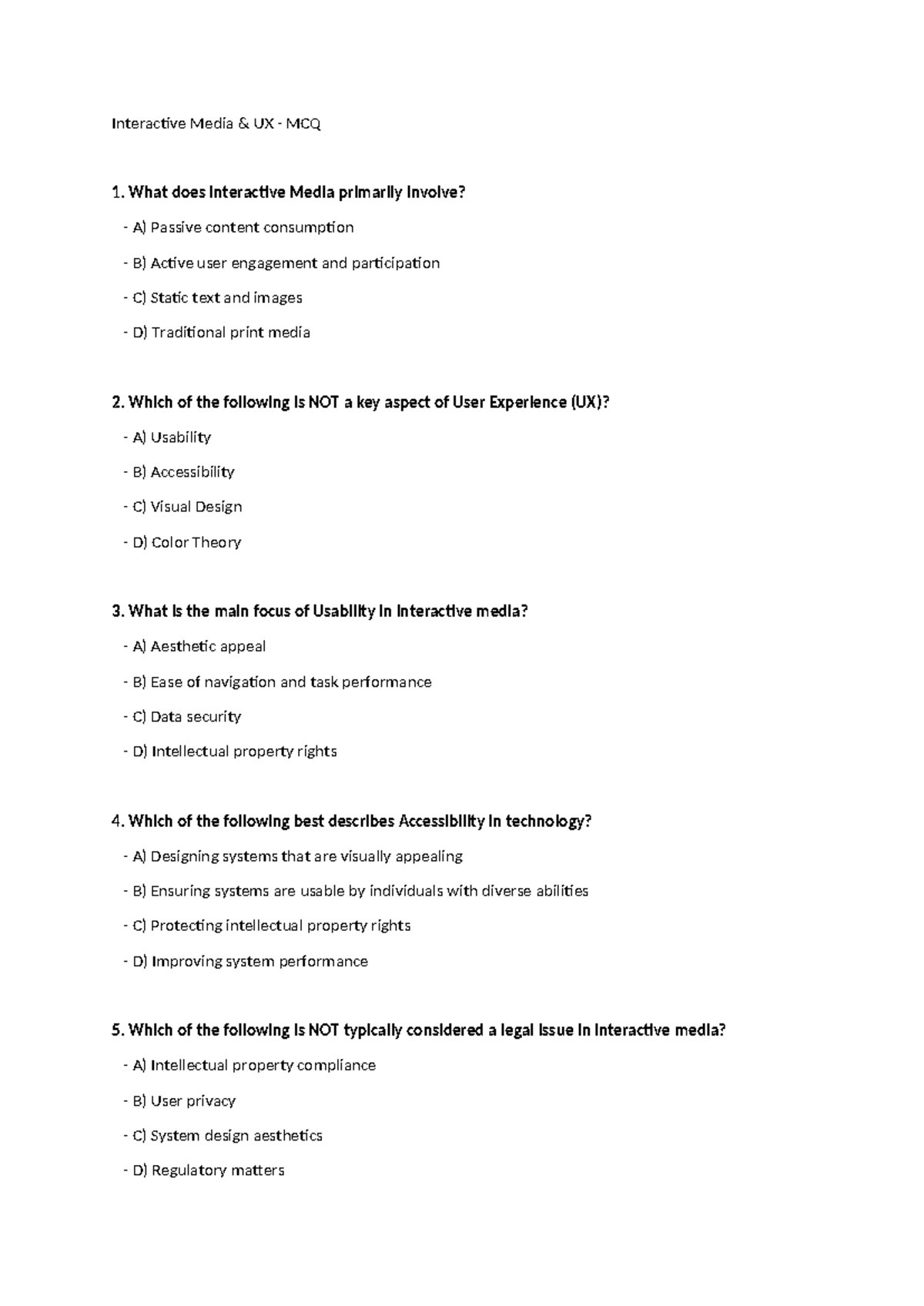 Interactive Media - Some questions on UX - Interactive Media & UX - MCQ ...