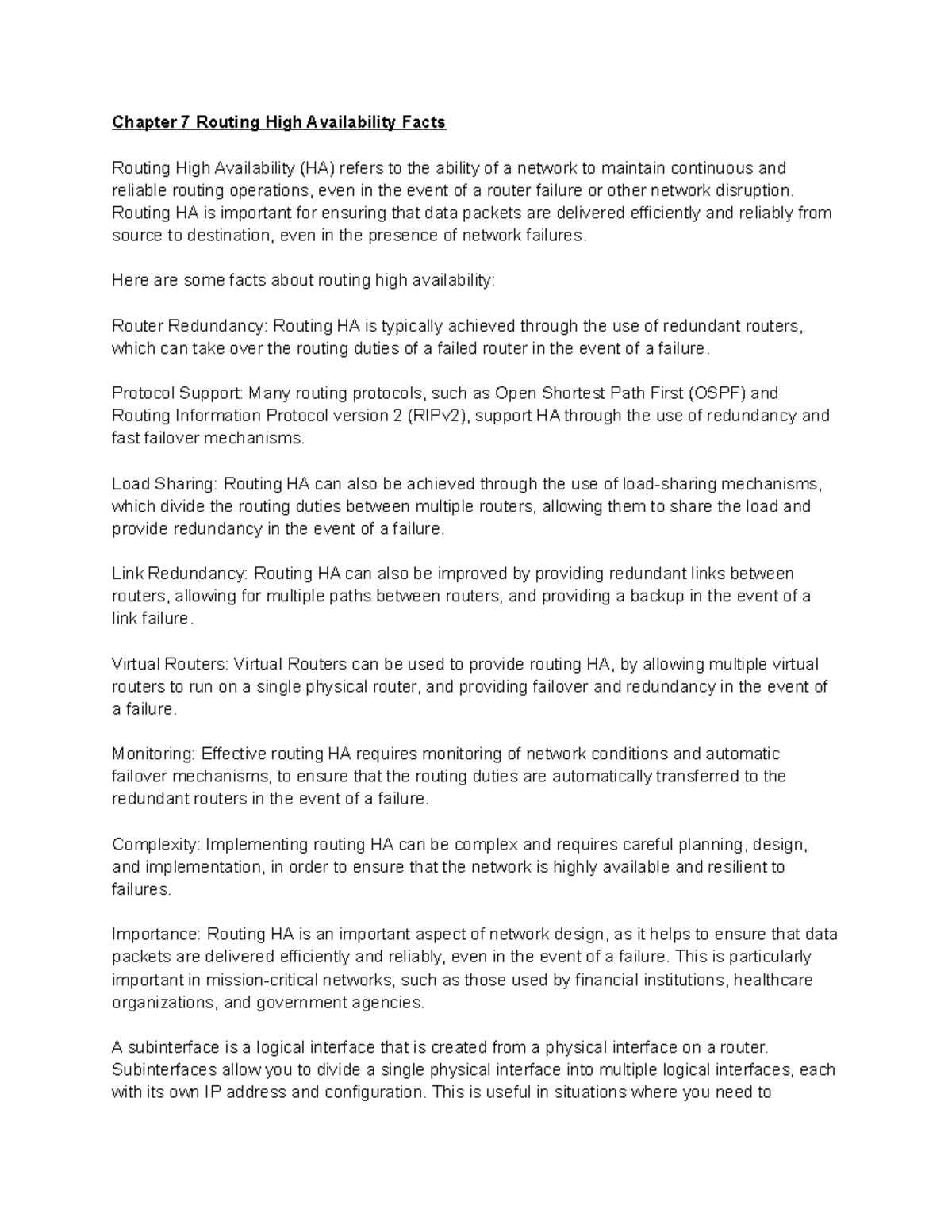 Chapter 7 Routing High Availability Facts - Routing HA is important for ensuring that data ...