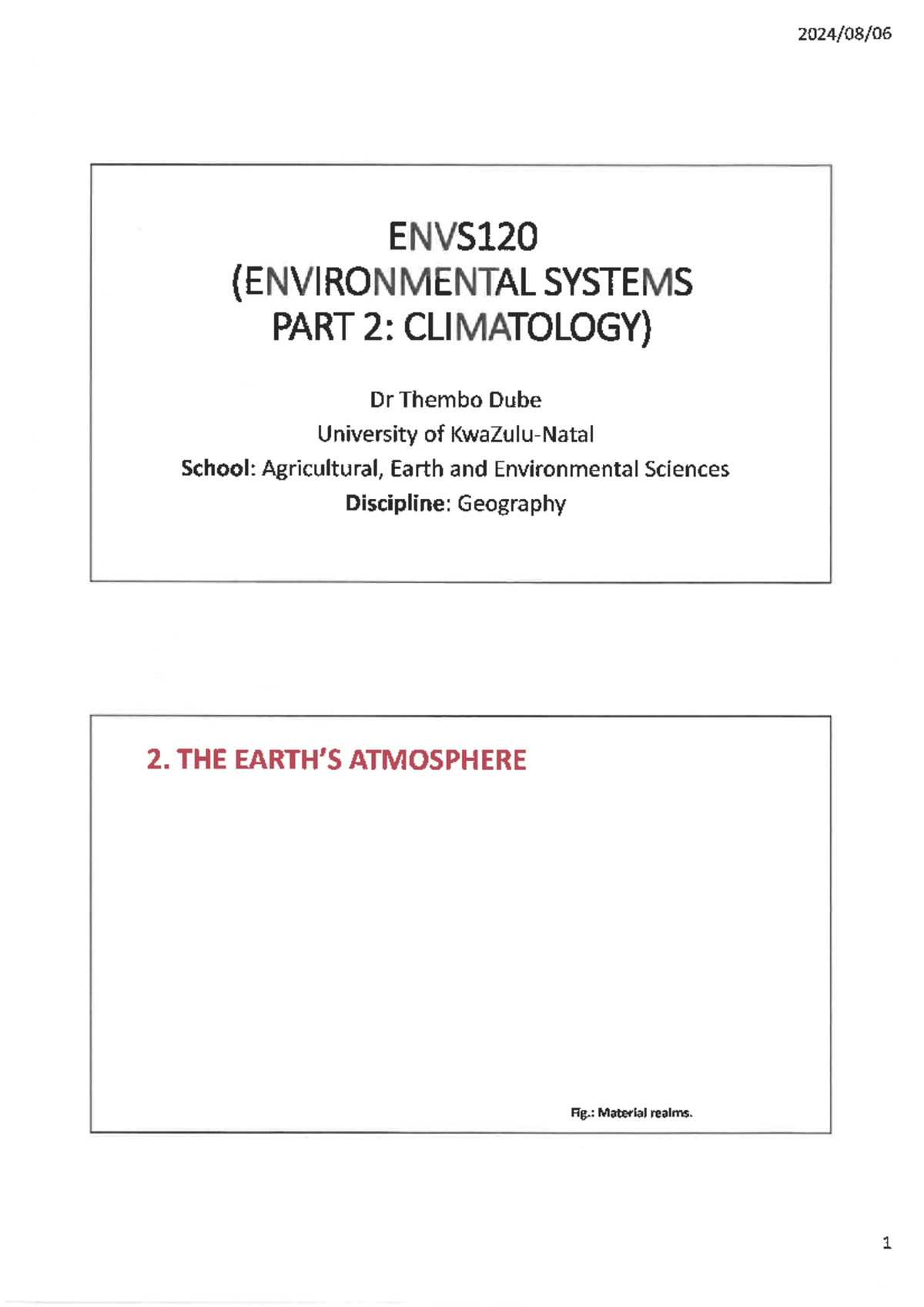 Notes Week1b Earths Atmosphere ENVS120 - ENVS120 (ENVIRONMENTAL SYSTEMS ...