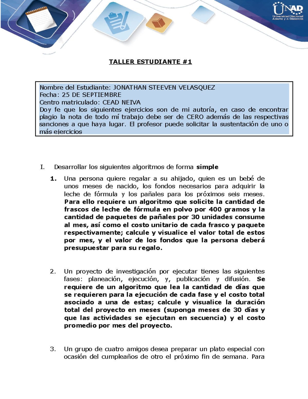 Etapa 2 taller estudiante 1 algoritmo - TALLER ESTUDIANTE I ...