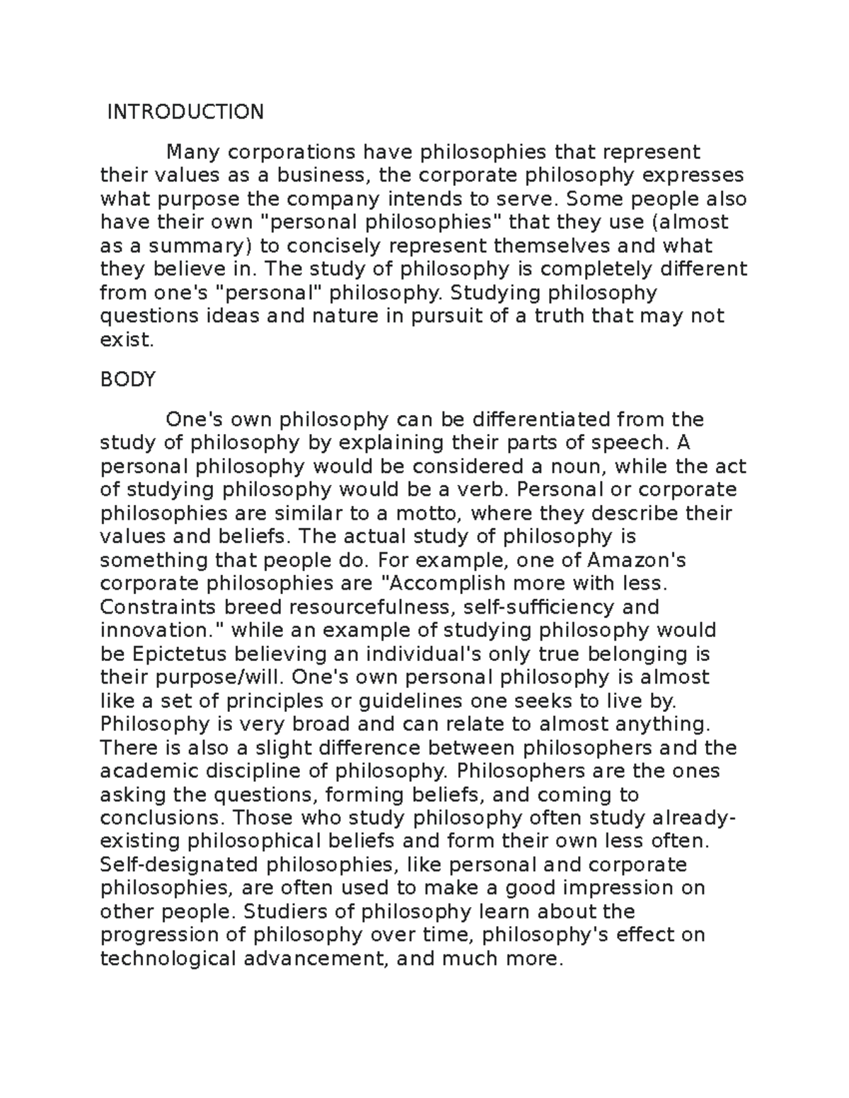 SOP - An individual having a "personal philosophy" or a company having ...