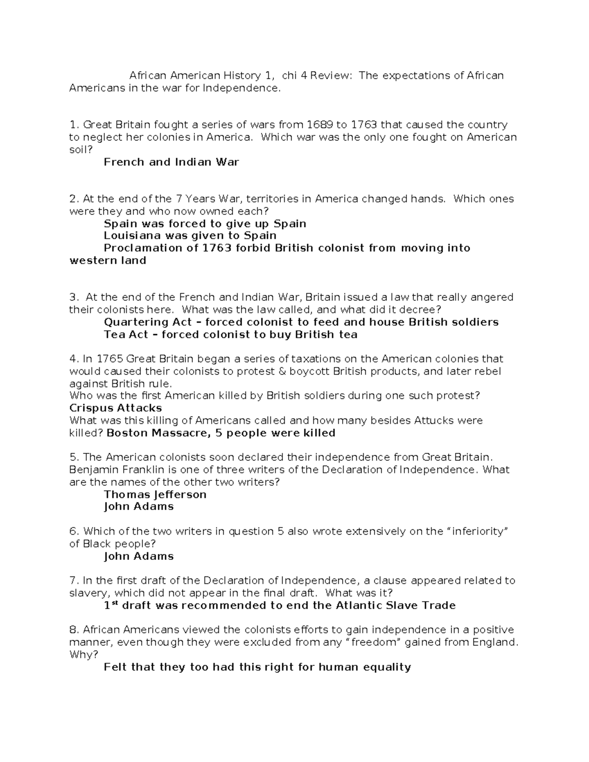 Ch. 4 Review Questions - African American History 1, chi 4 Review: The ...